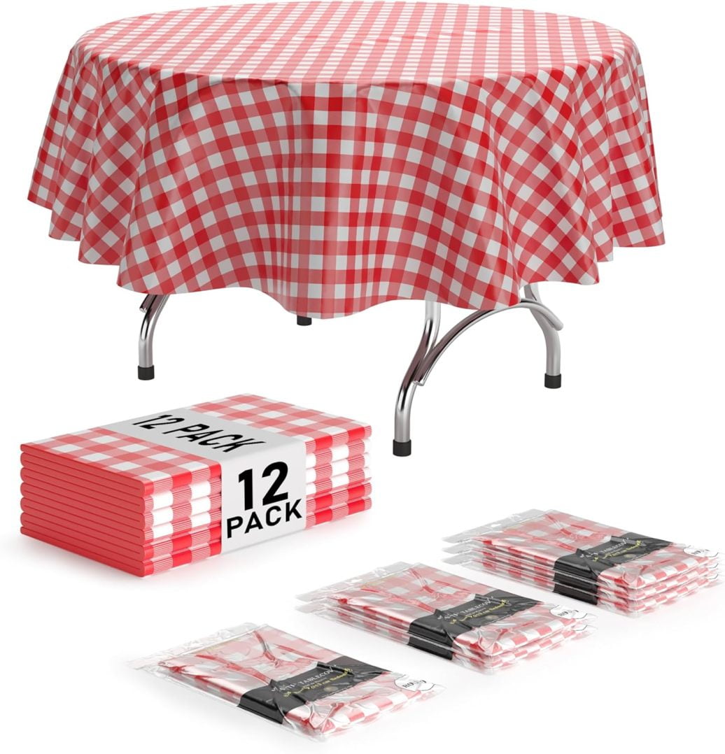 Zysp 12 Pack Premium Round Plastic Checkered Bbq Tablecloth Red