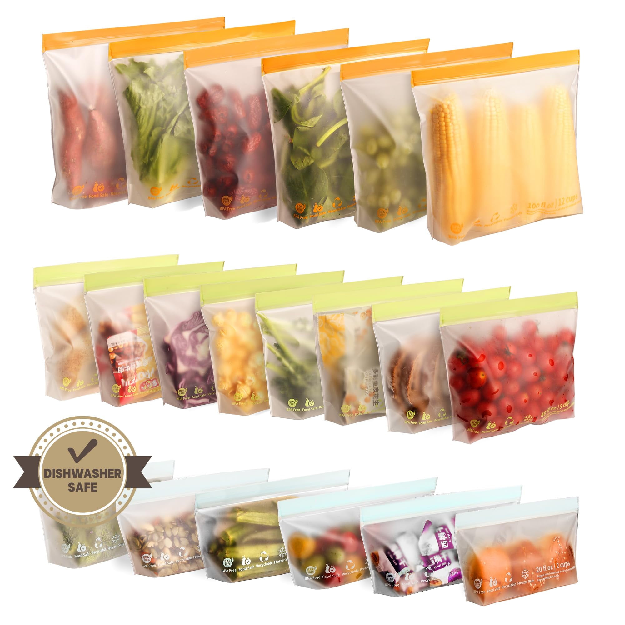 ZZ 24 Pack Reusable Food Storage Bags,Leakproof Freezer Bags BPA Free ...