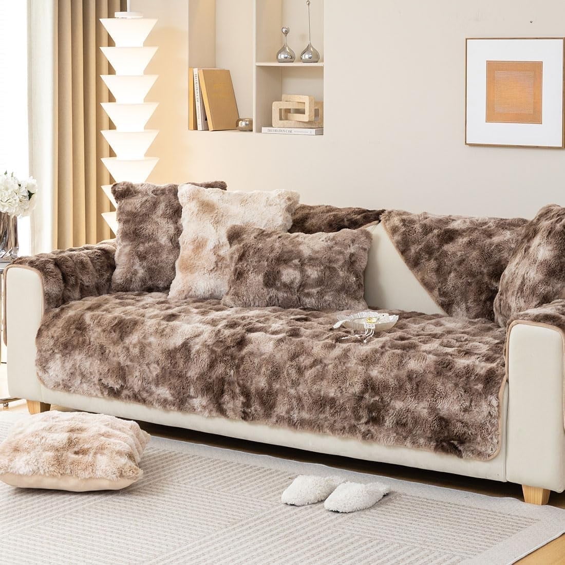 ZZCCC Soft Fuzzy Faux Fur Sofa Couch Cover Cozy Fluffy Plush Sectional ...