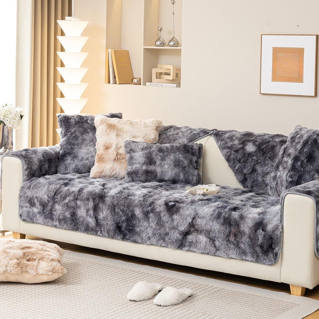 ZZCCC Soft Fuzzy Faux Fur Sofa Couch Cover Cozy Fluffy Plush Sectional ...