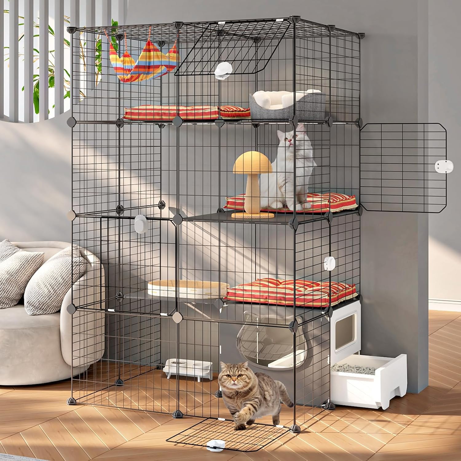 ZZDMW Cat Cage with Litter Box, 4-Tier DIY Enclosures Detachable Metal ...