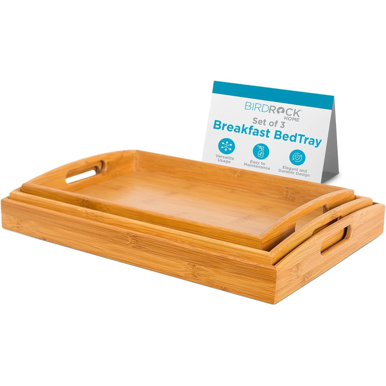 ZZJP 3 pc Breakfast Bed Tray (Rounded) - Bamboo - Cut Out Handles - Set ...