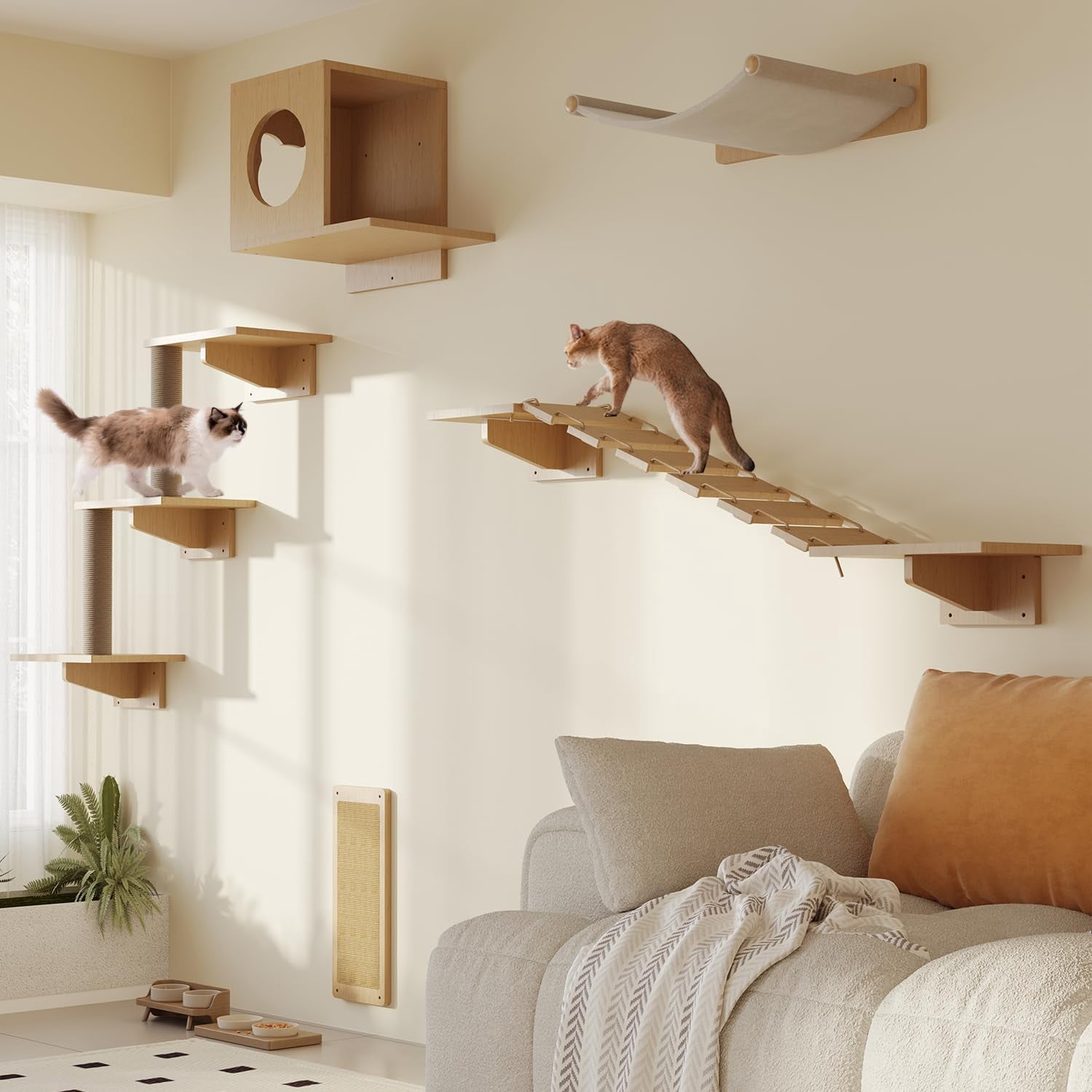 ZZMPAJ Cat Wall Shelves, Set of 5 Wooden Cat Wall Furniture with Cat ...