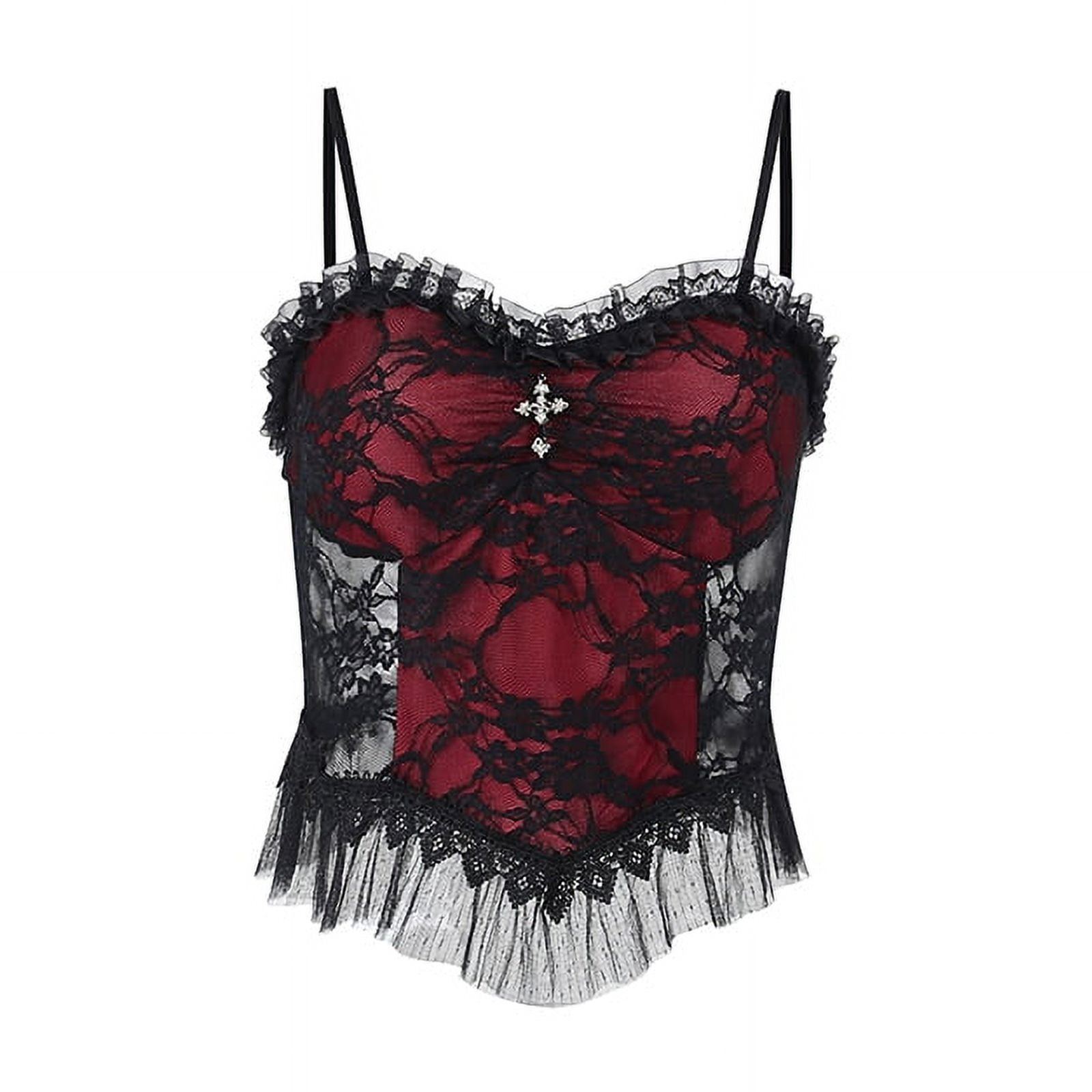 Zzpxx Goth Cross Print Lace Bodycon Crop Tops Camis Sexy Y2k Aesthetic