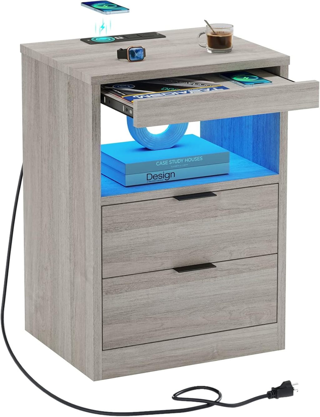 ZZSP Nightstand with Wireless Charging Station and LED Lights, Grey ...