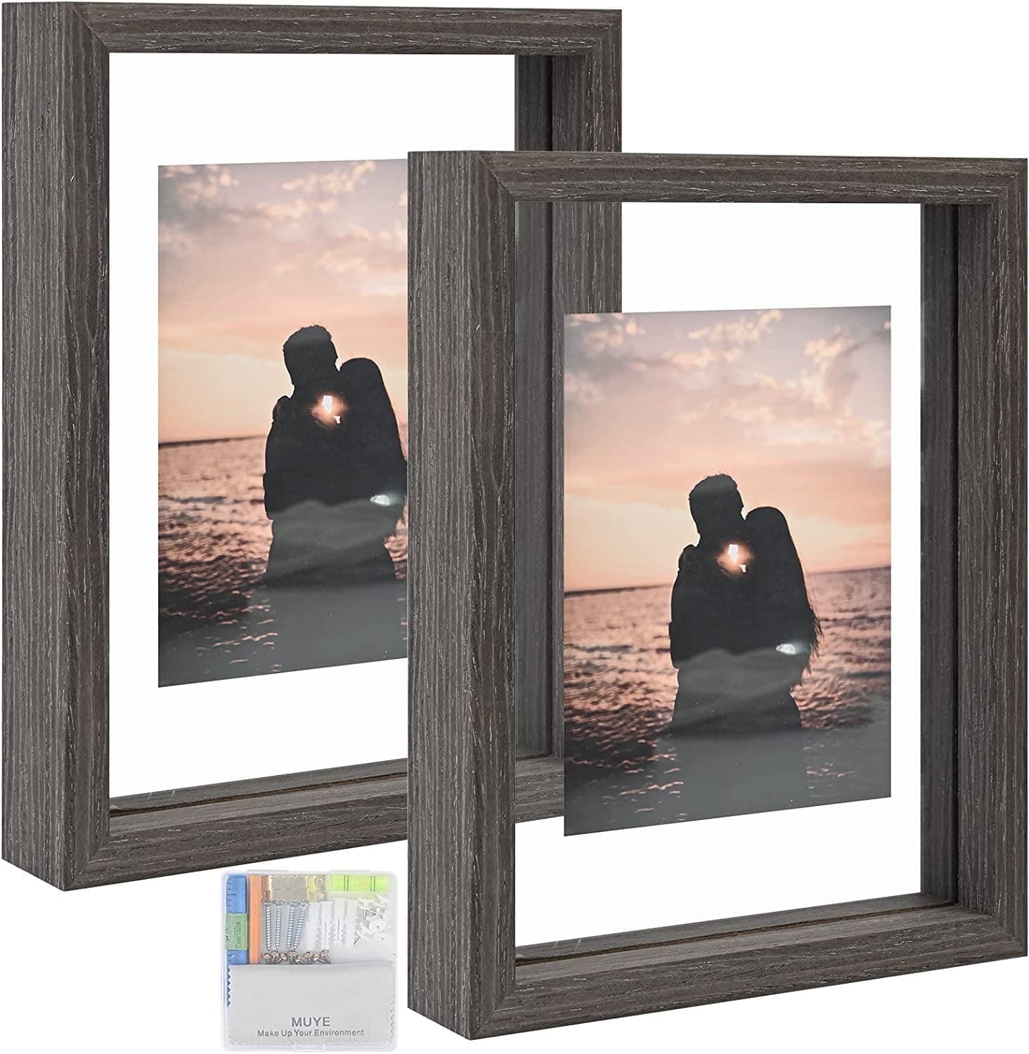 ZZVV 5x7 Floating Frame Set of 2,Double Glass Rustic Photo Frame for ...
