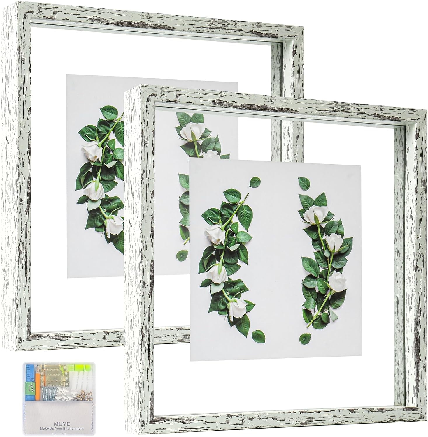 ZZVV 5x7 Floating Frame Set of 2,Double Glass Rustic Photo Frame for ...