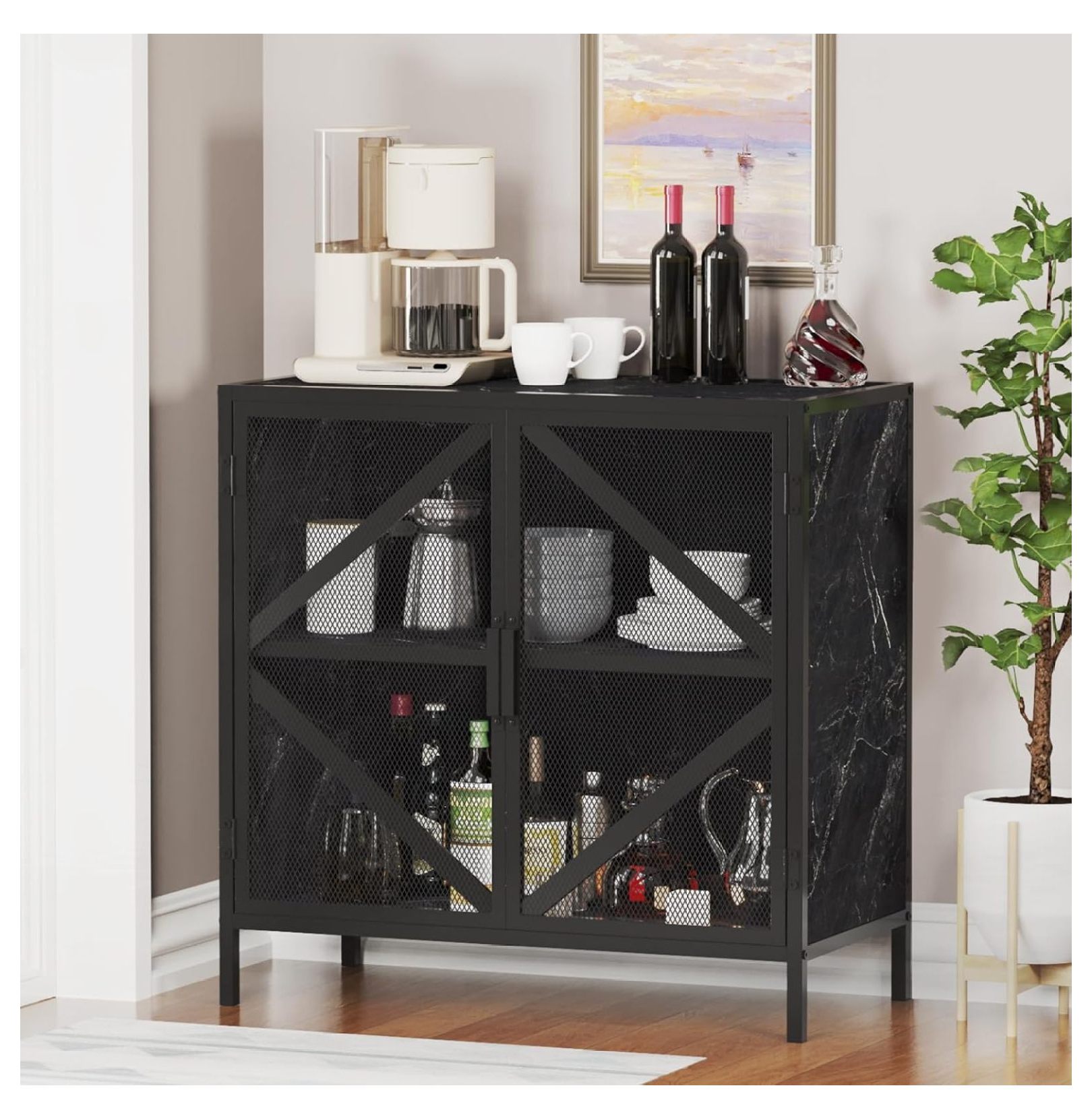 ZZYY Buffet Cabinet Metal Mesh 2 Door, Industrial Sideboard Storage ...