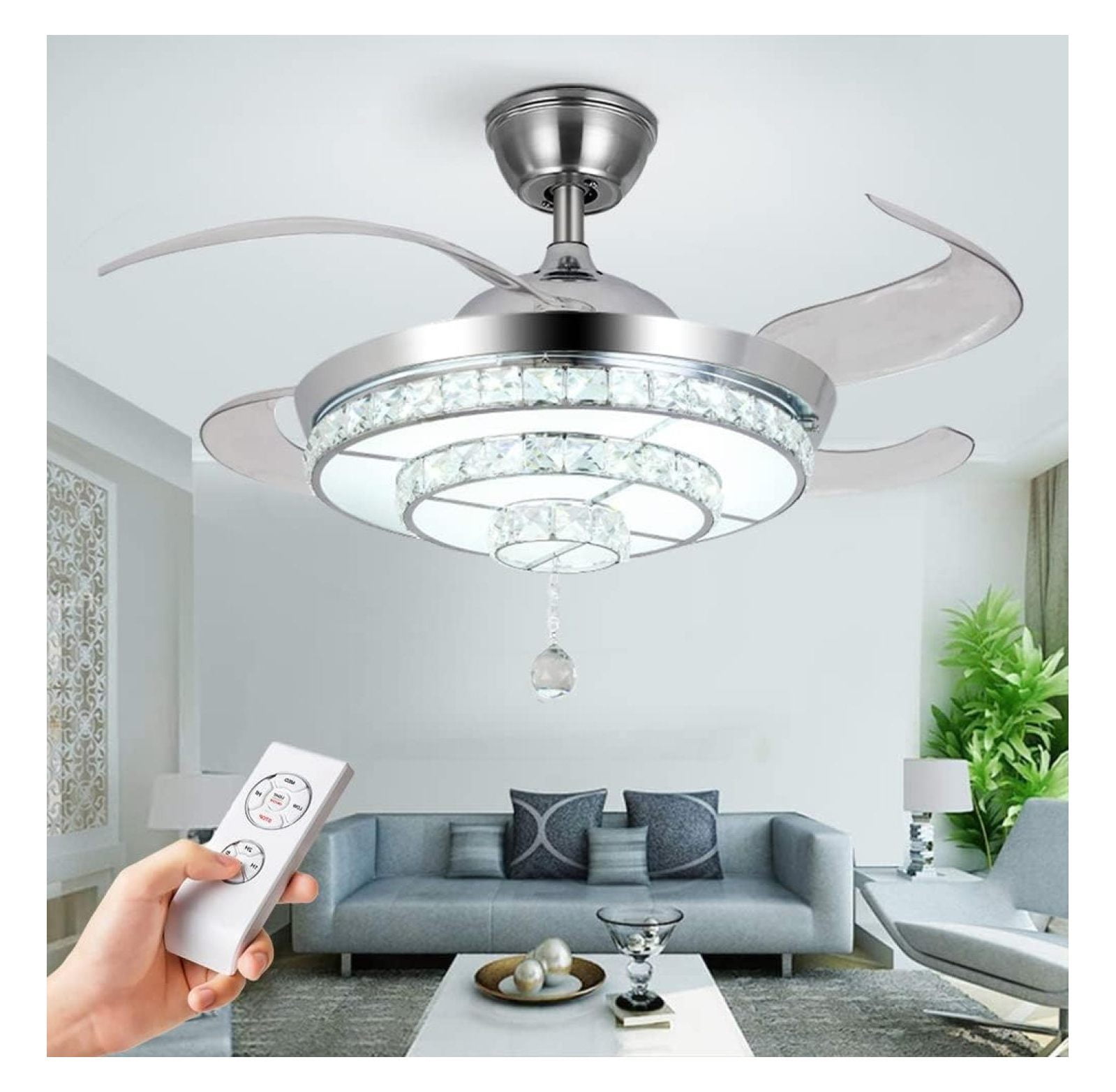 ZZYY Modern 42'' Crystal Chandelier Ceiling Fan with LED Light Kit and ...