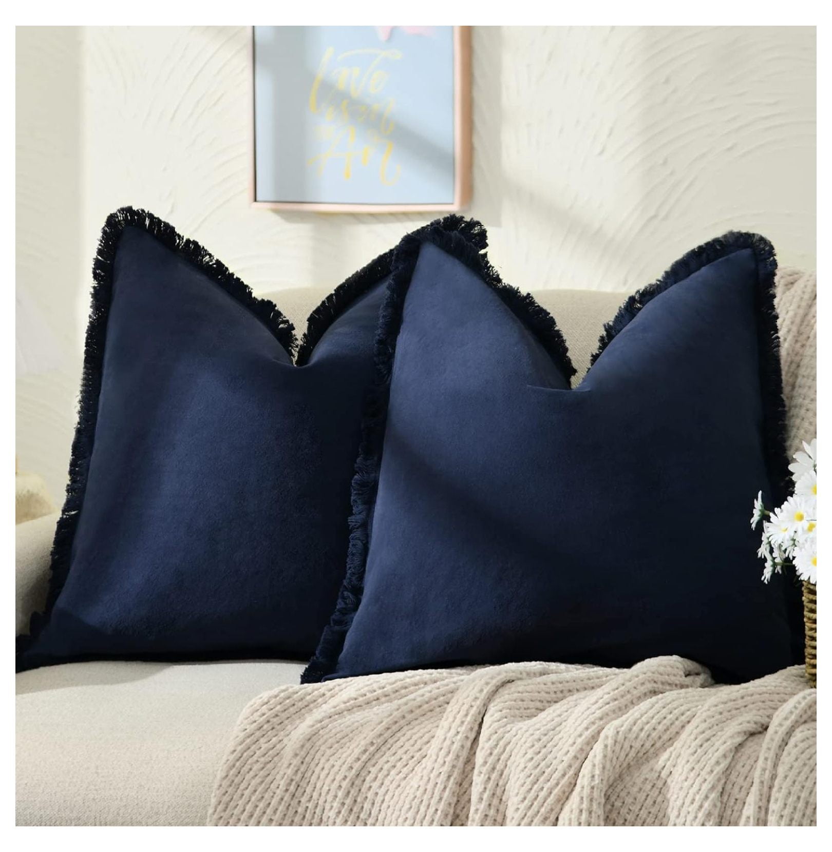 ZZYY Pillow Covers 24x24 Set of 2 Navy Throw Pillow Covers with Fringe ...