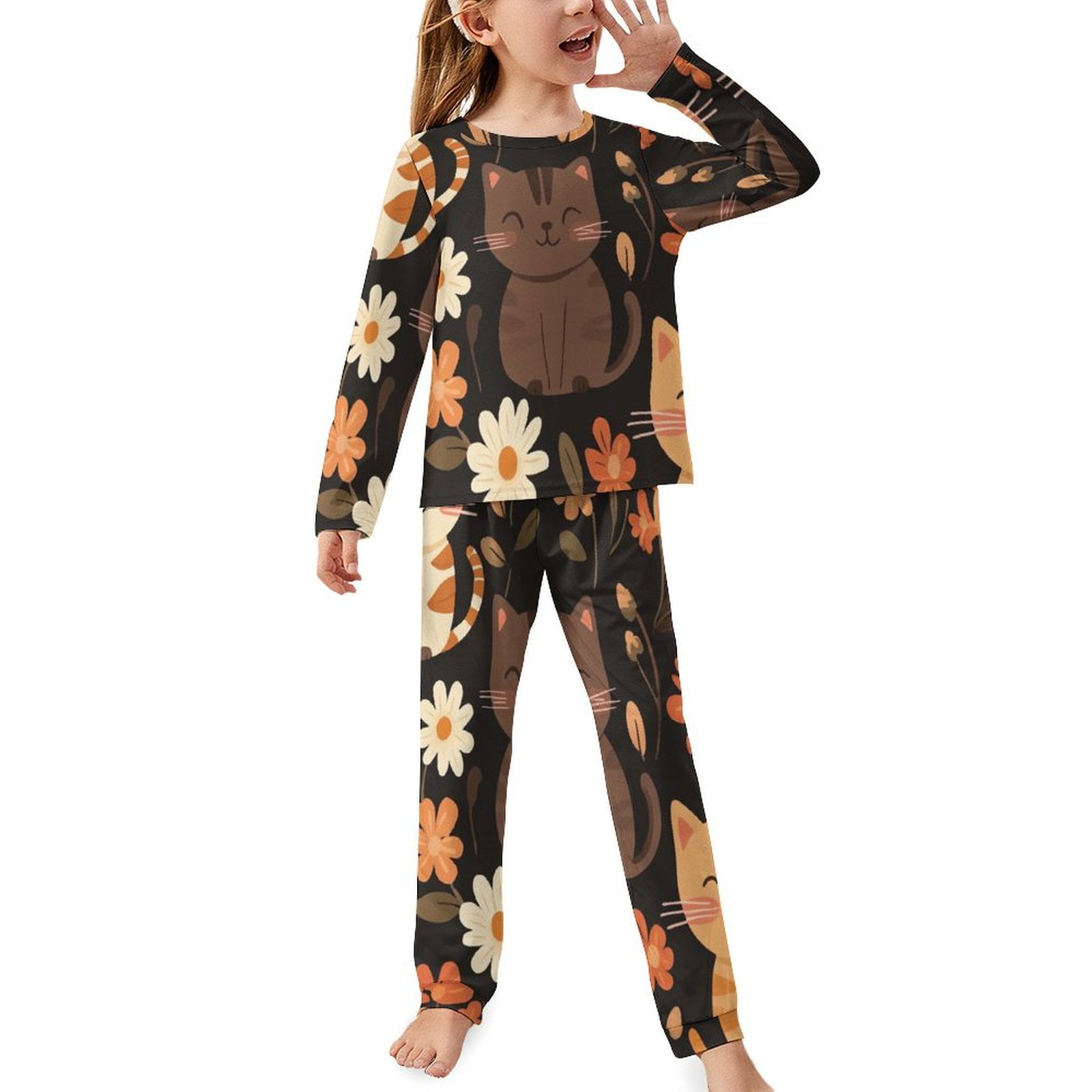 ZZZHY Cozy Cat Flower -176 Print Girls' Pajamas Set Kids Long Sleeve ...