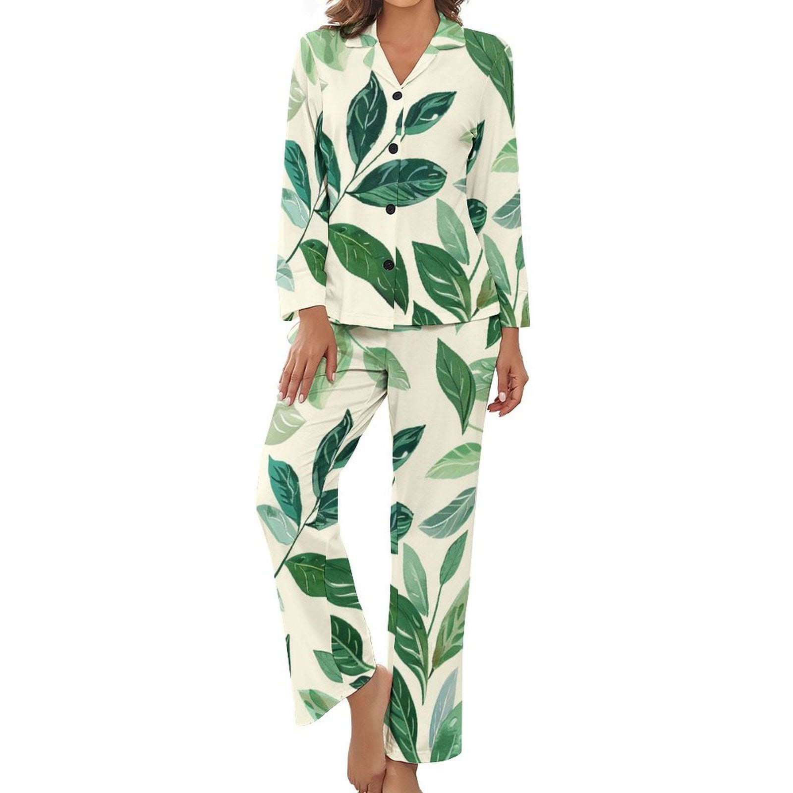 ZZZHY Fresh Leaves-85 Women's Pajamas Sets, Long Sleeve Sleepwear ...