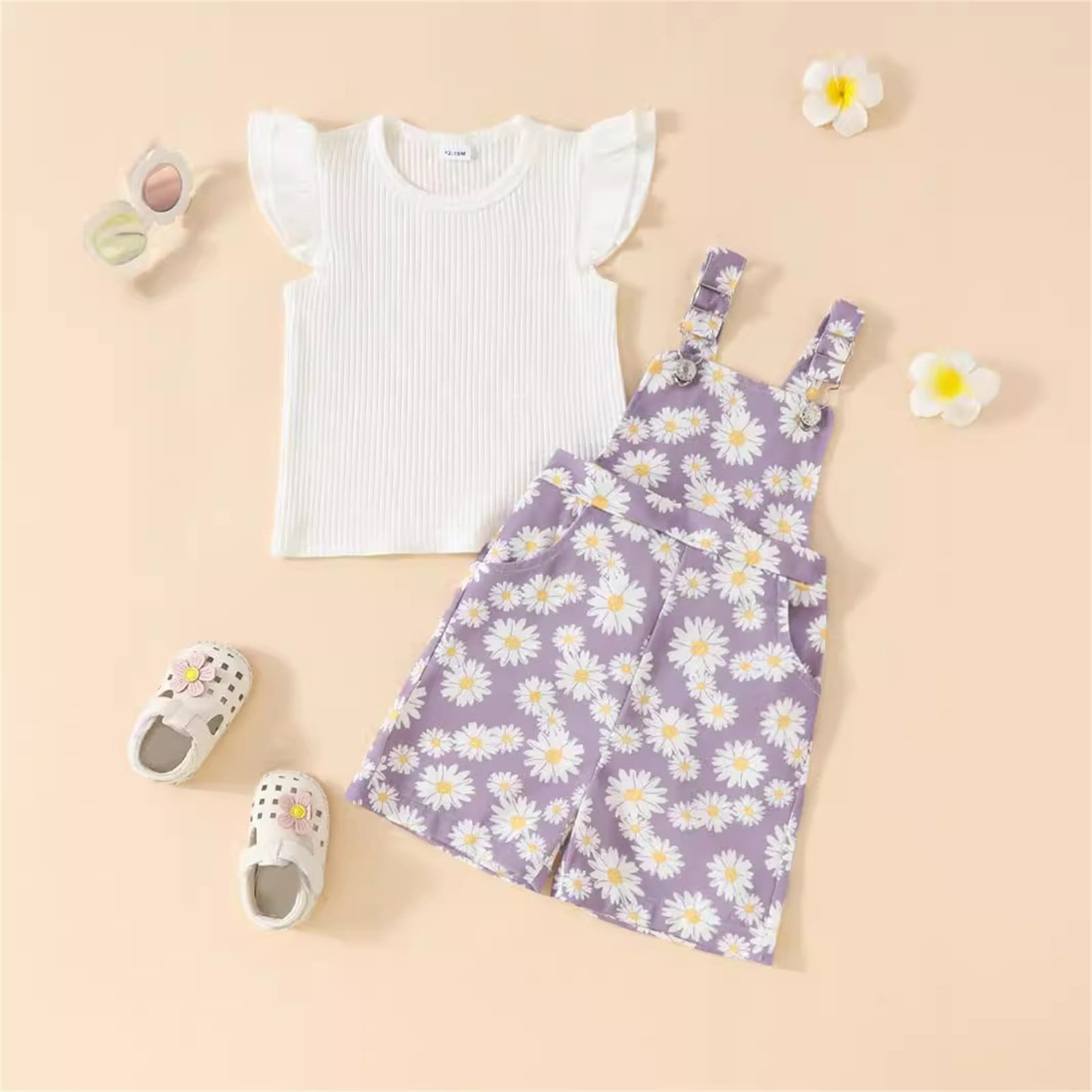 ZZwxWA 50% Off Clear Chrysanthemum Print Set Flying Sleeve T-shirt Set Baby Girl Backpack Pants ...