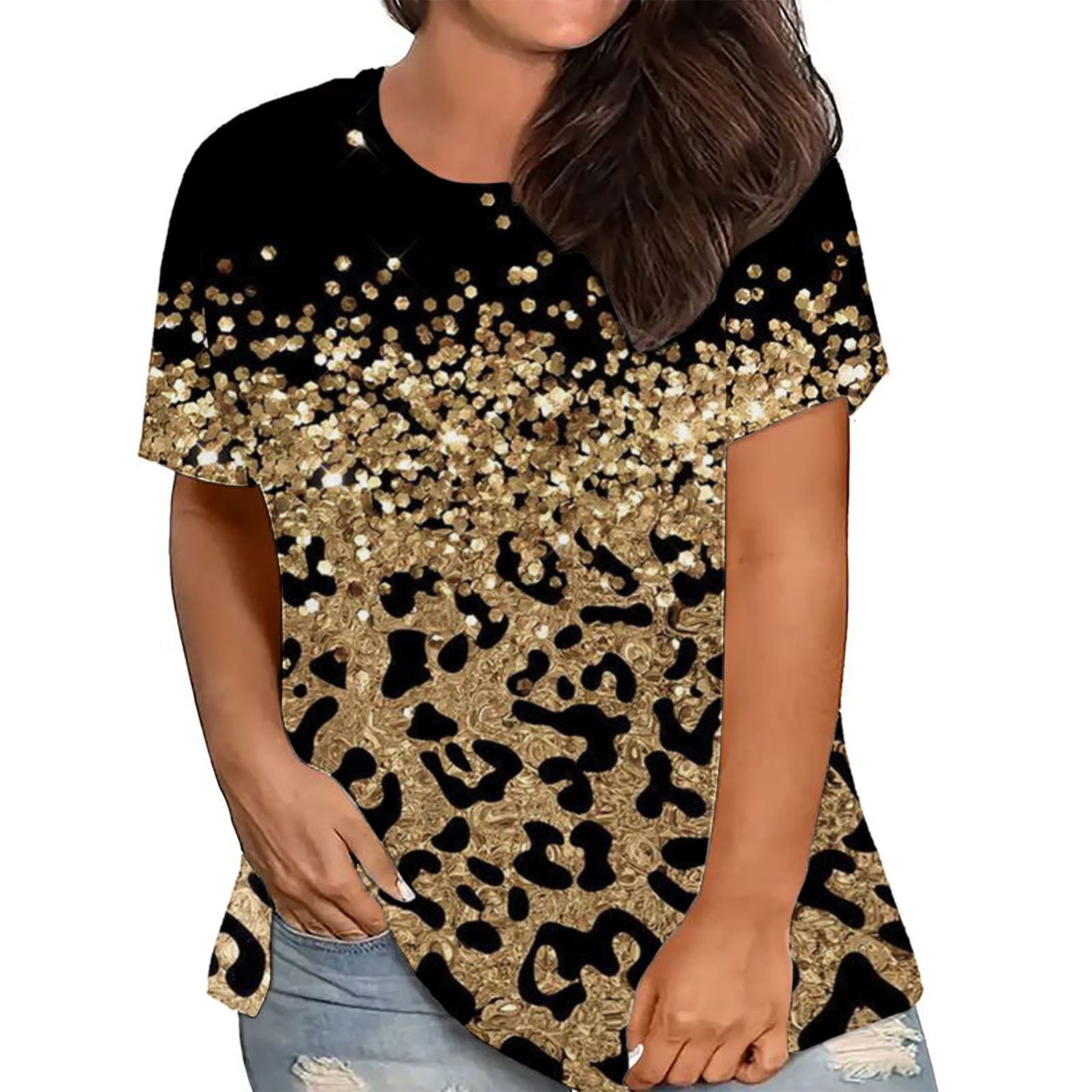 ZZwxWA Fashion Leopard Print Womens Tops Plus Size Short Sleeve Round ...