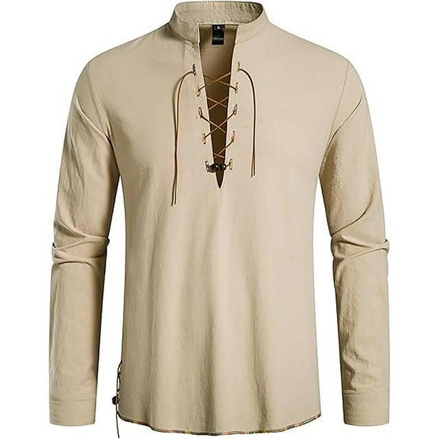 ZZwxWA Men's Classic Lace Up Stand Collar Shirts Vintage Renaissance Pirate Costume Long Sleeve ...