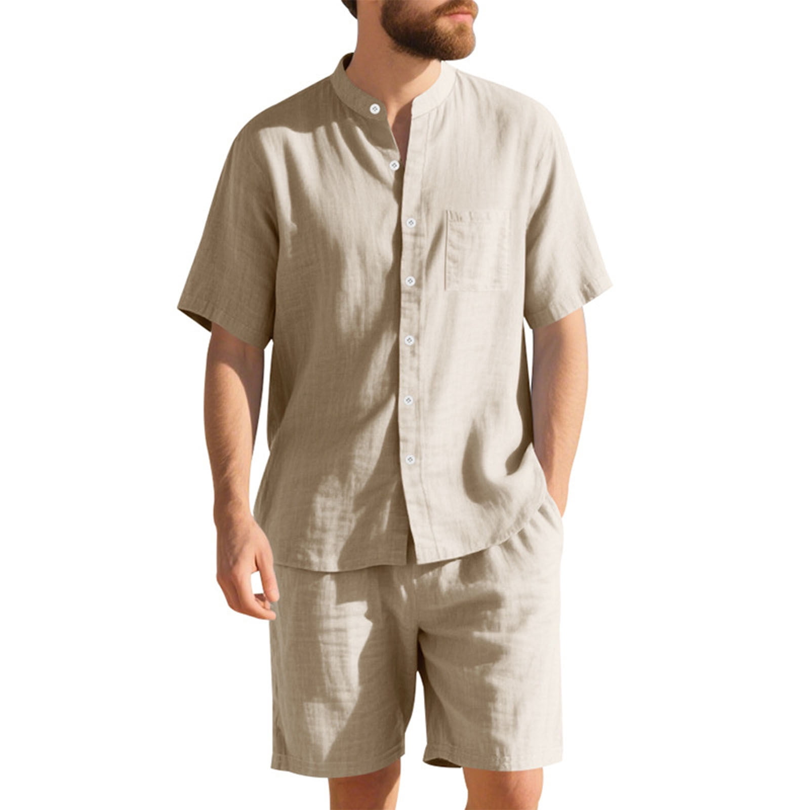 ZZwxWA Mens Linen 2 Piece Set Casual Short Sleeve Henley Shirts and ...