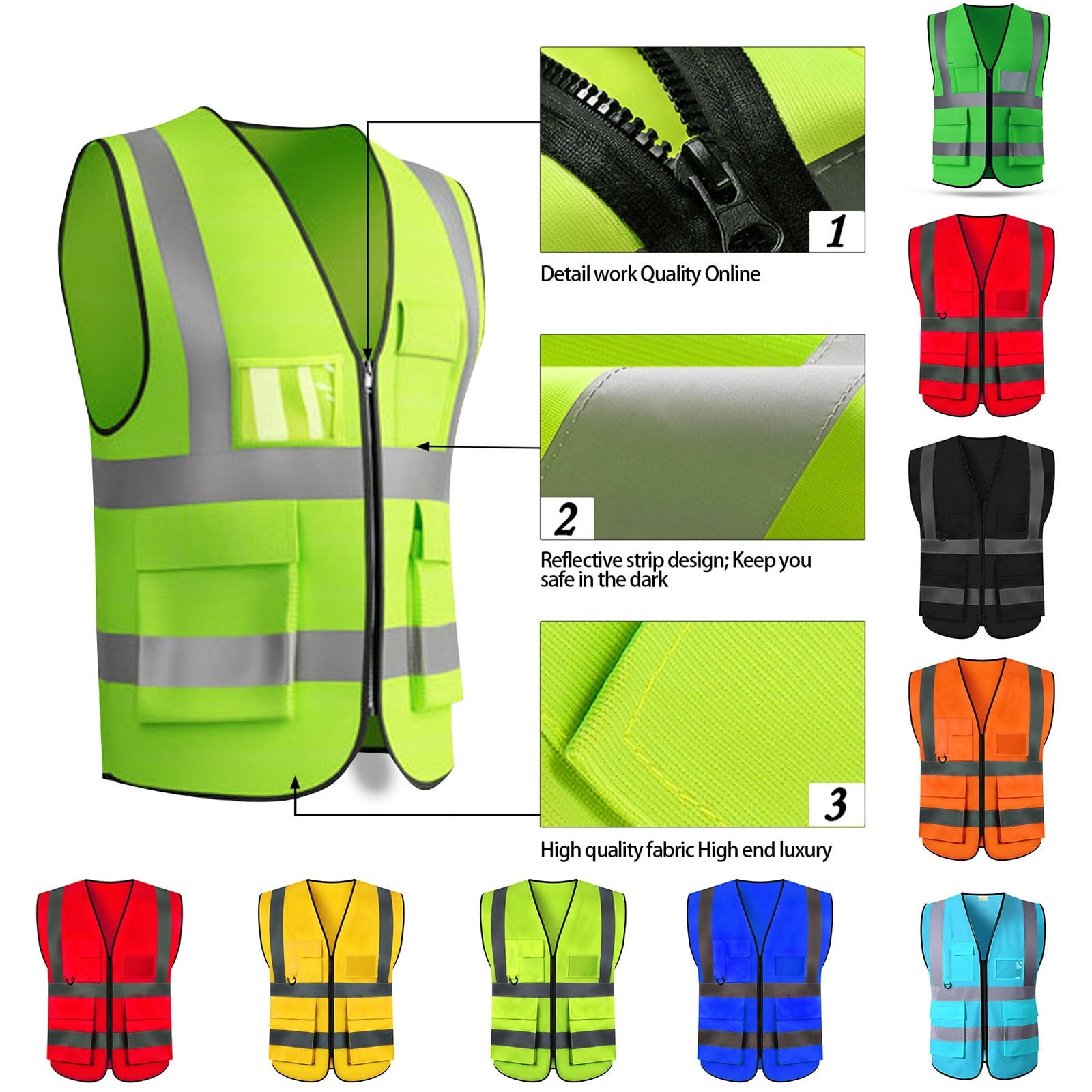 ZZwxWA Multiple Pockets High Visibility Zipper Front Safety Vest with ...