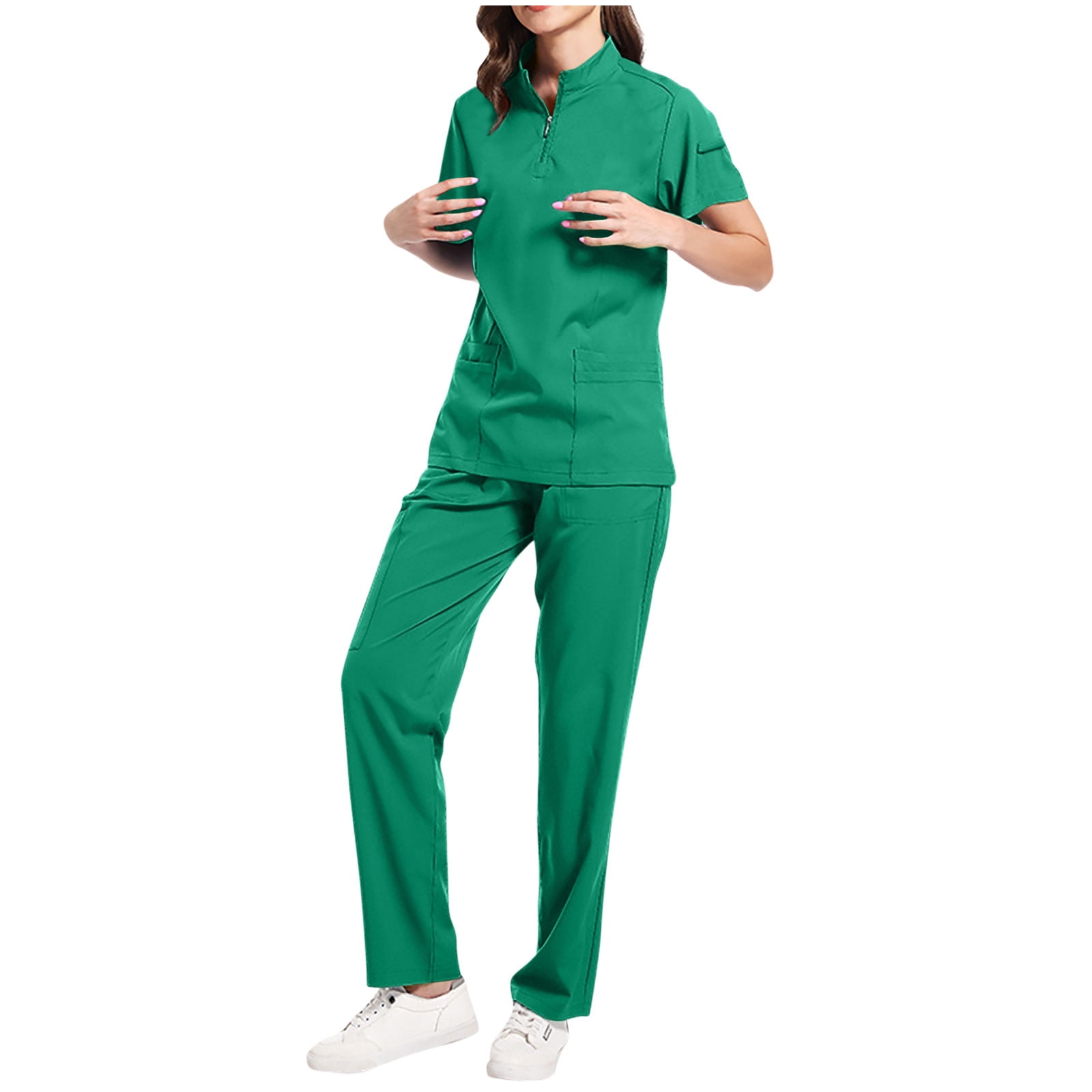 ZZwxWA Scrubs Medical Uniform, Set-Zipper Collar Top&Straight Pants ...