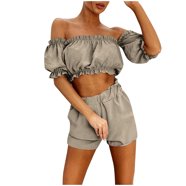 Jerdar Women Casual 2 Piece Short Sets Summer Leisure Suit Solid Long Sleeve Trousers Casual Two ...