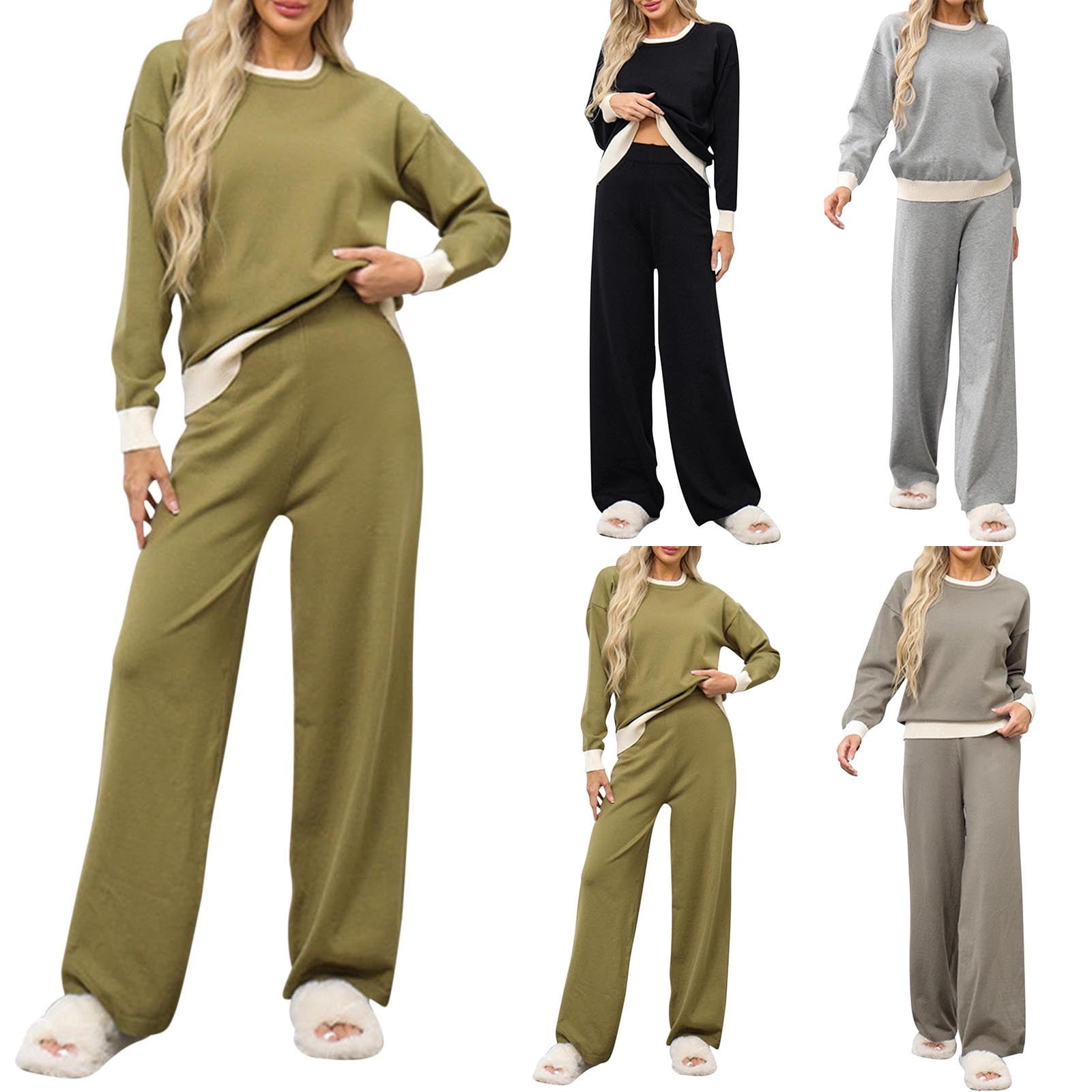 ZZwxWA Women 2 Piece Outfits Oversized Chunky Knit Sweater Top Wide Leg ...