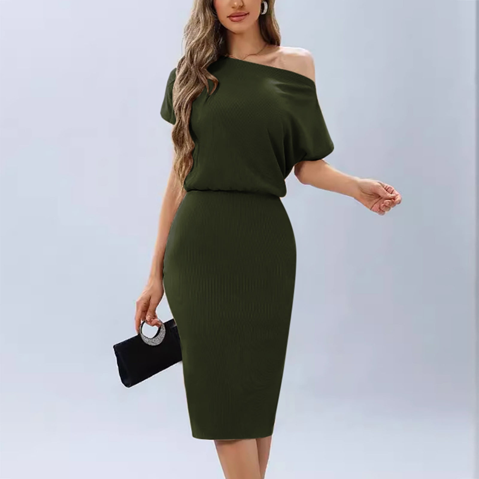 ZZwxWA Women's 2025 Summer Dress Off the Shoulder Short Sleeve Ribbed ...