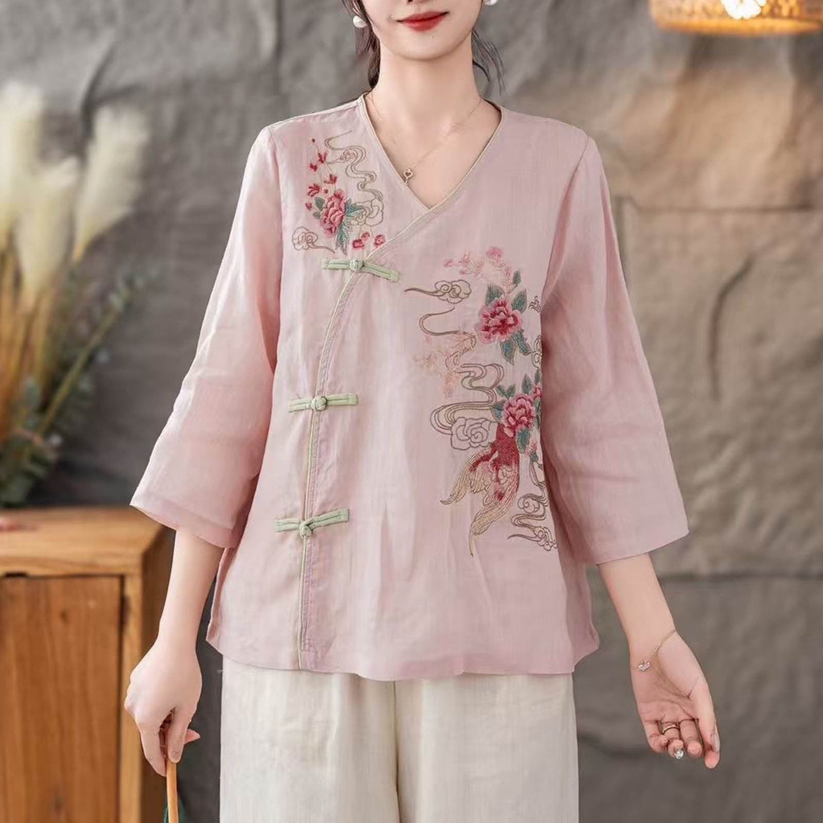 ZZwxWA Womens Cotton Linen Retro Chinese Frog Button Tops Traditional ...