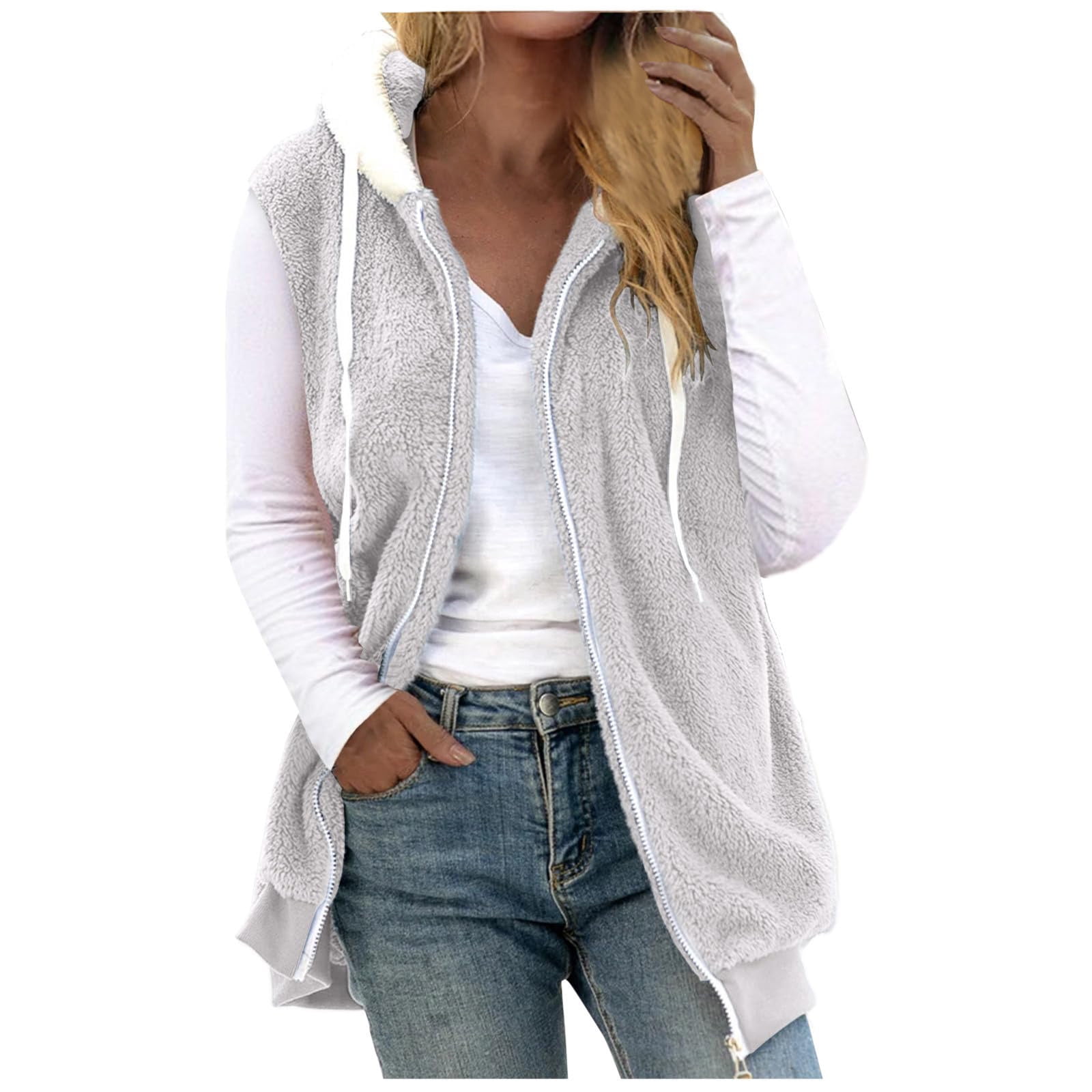 ZZwxWA Womens Fuzzy Fleece Vest, Casual Warm Sleeveless Zip Up Sherpa Vest Jacket with Pockets ...