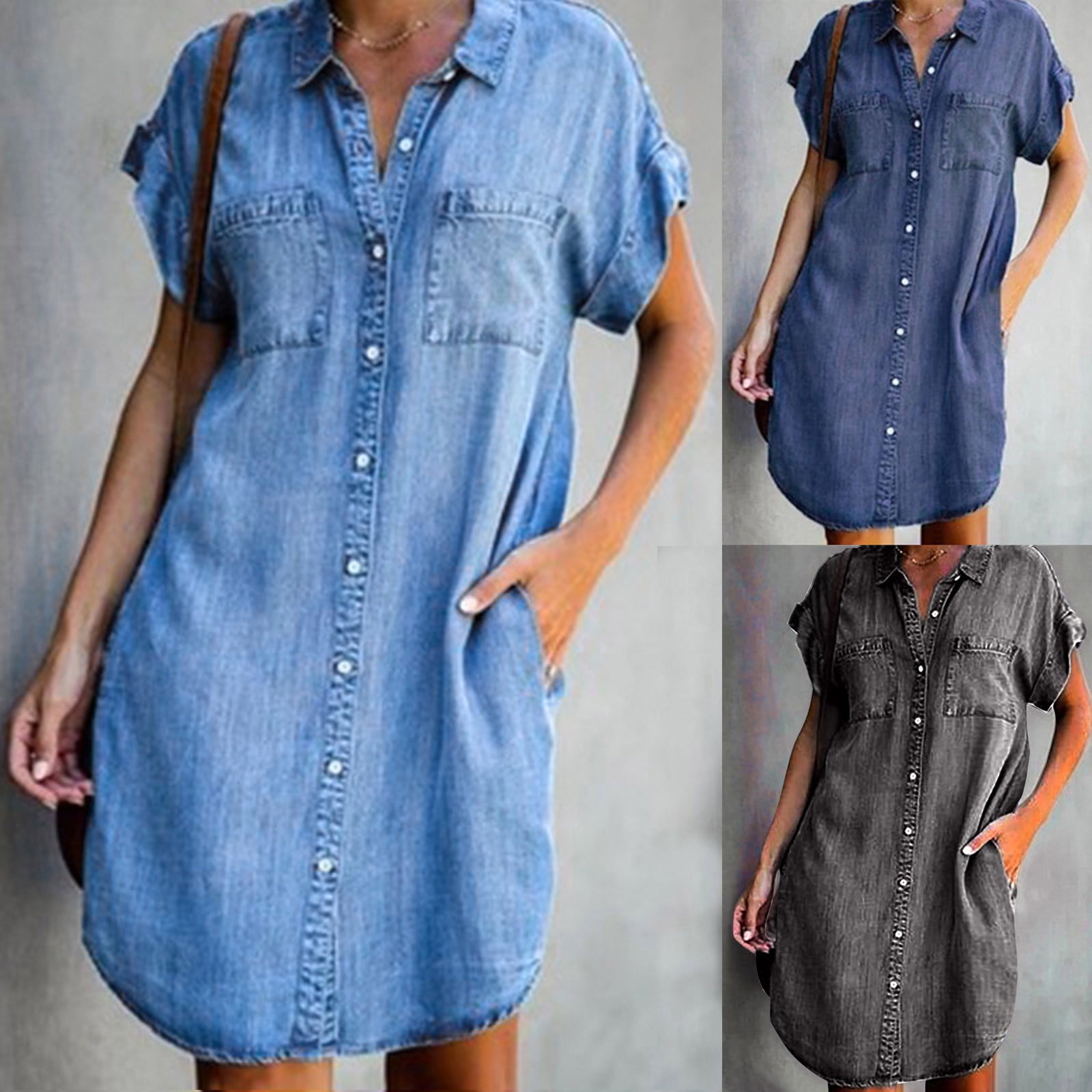 ZZwxWA Womens Short Sleeve Denim Shirt Midi Dress Button Down Tunic ...