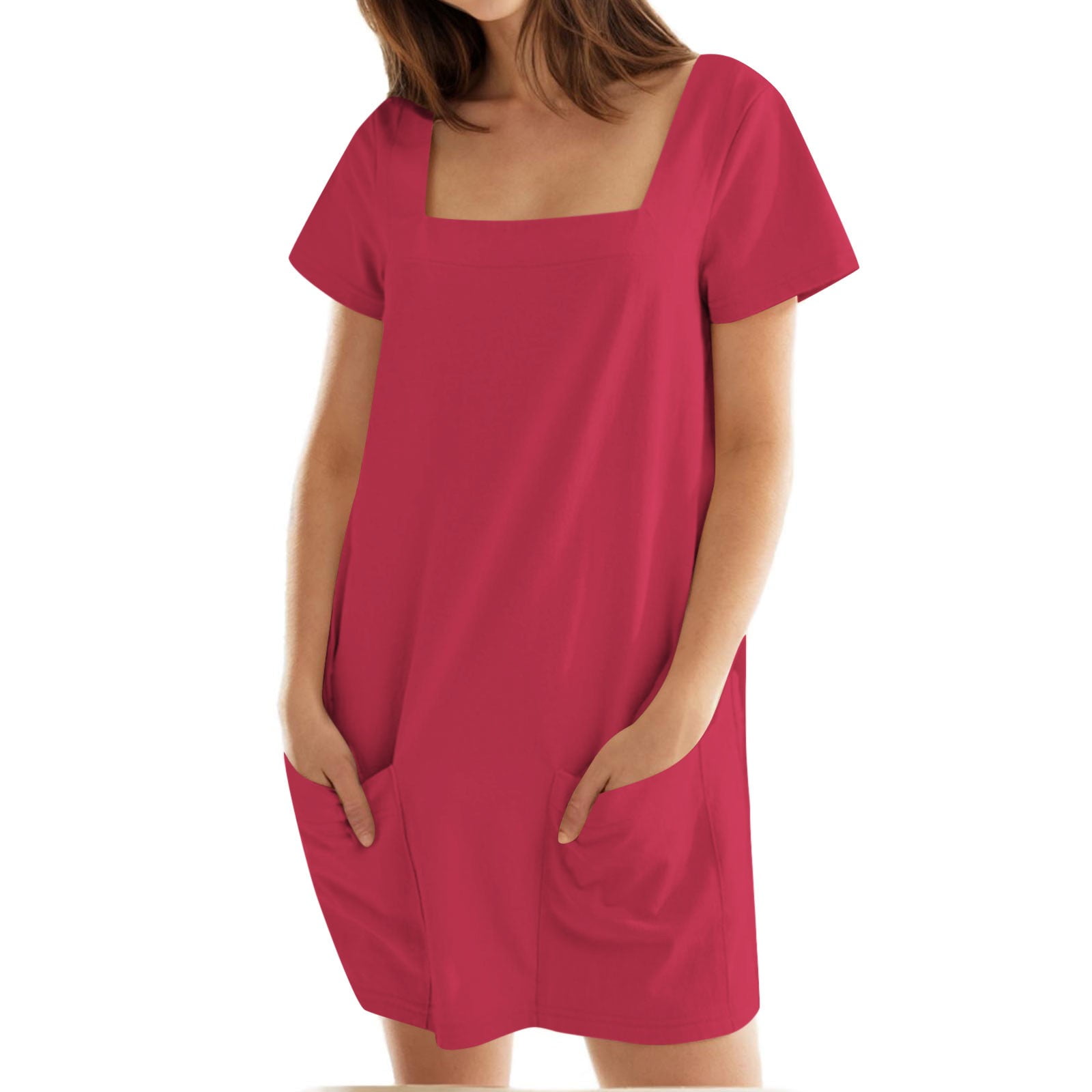 ZZwxWA Womens Solid Color Casual Summer Square Neck Short Sleeve Mini Dresses with Pockets Women ...