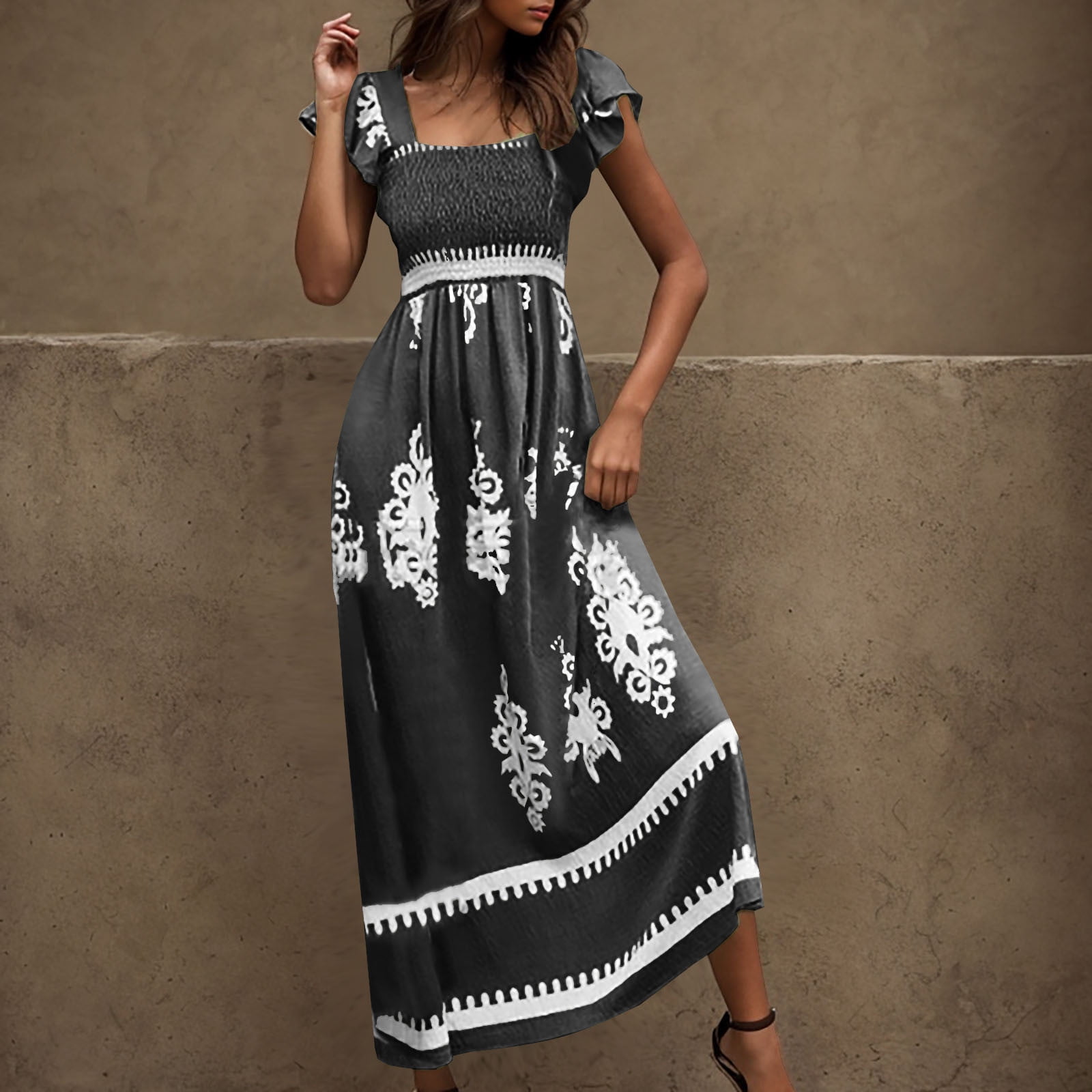 ZZwxWA Womens Square Neck Flutter Sleeve Smocked Dress Tribal Print Flowy Maxi Boho Sundress ...