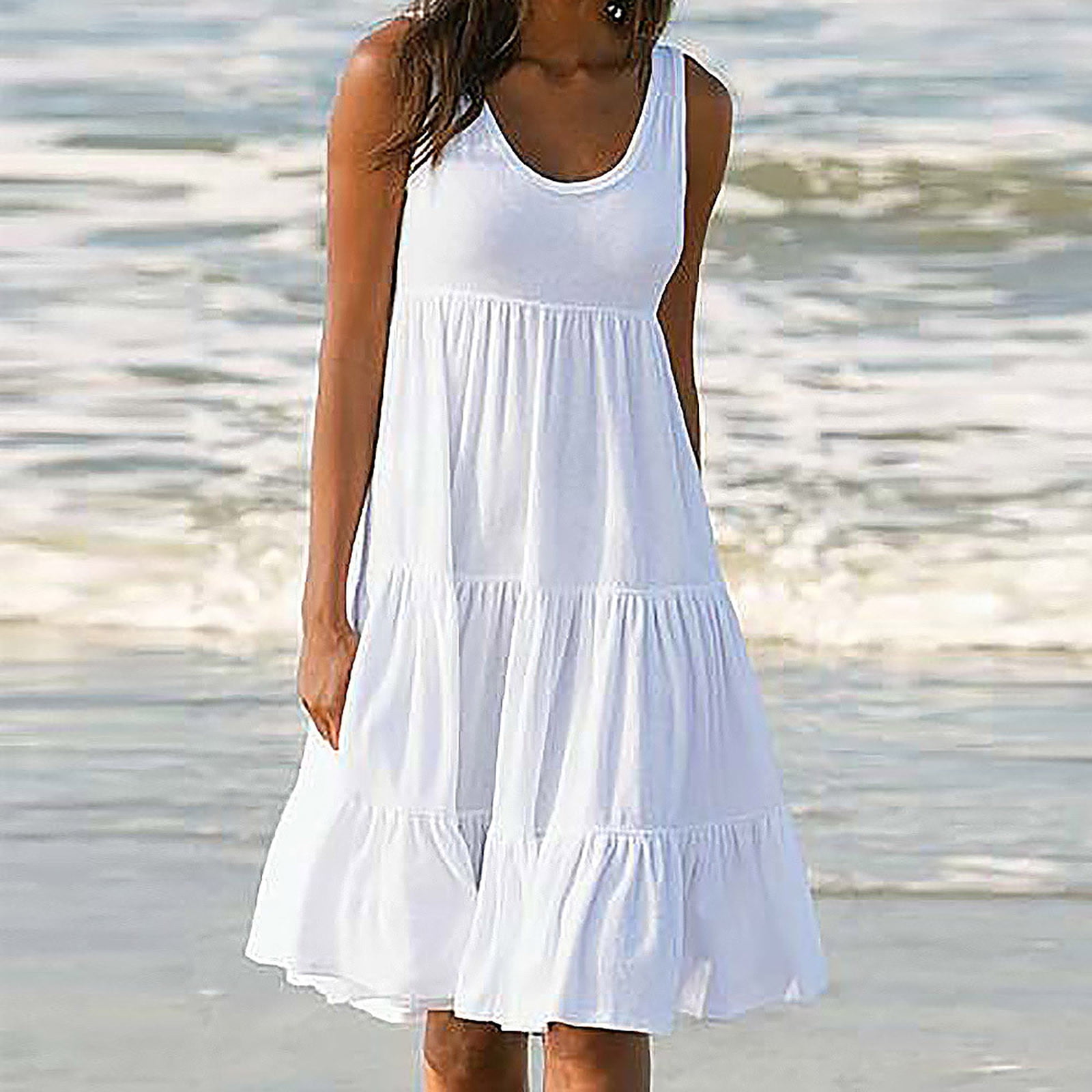 ZZwxWA Womens Summer Holiday Beach Dress Solid Color Sleeveless Tank ...