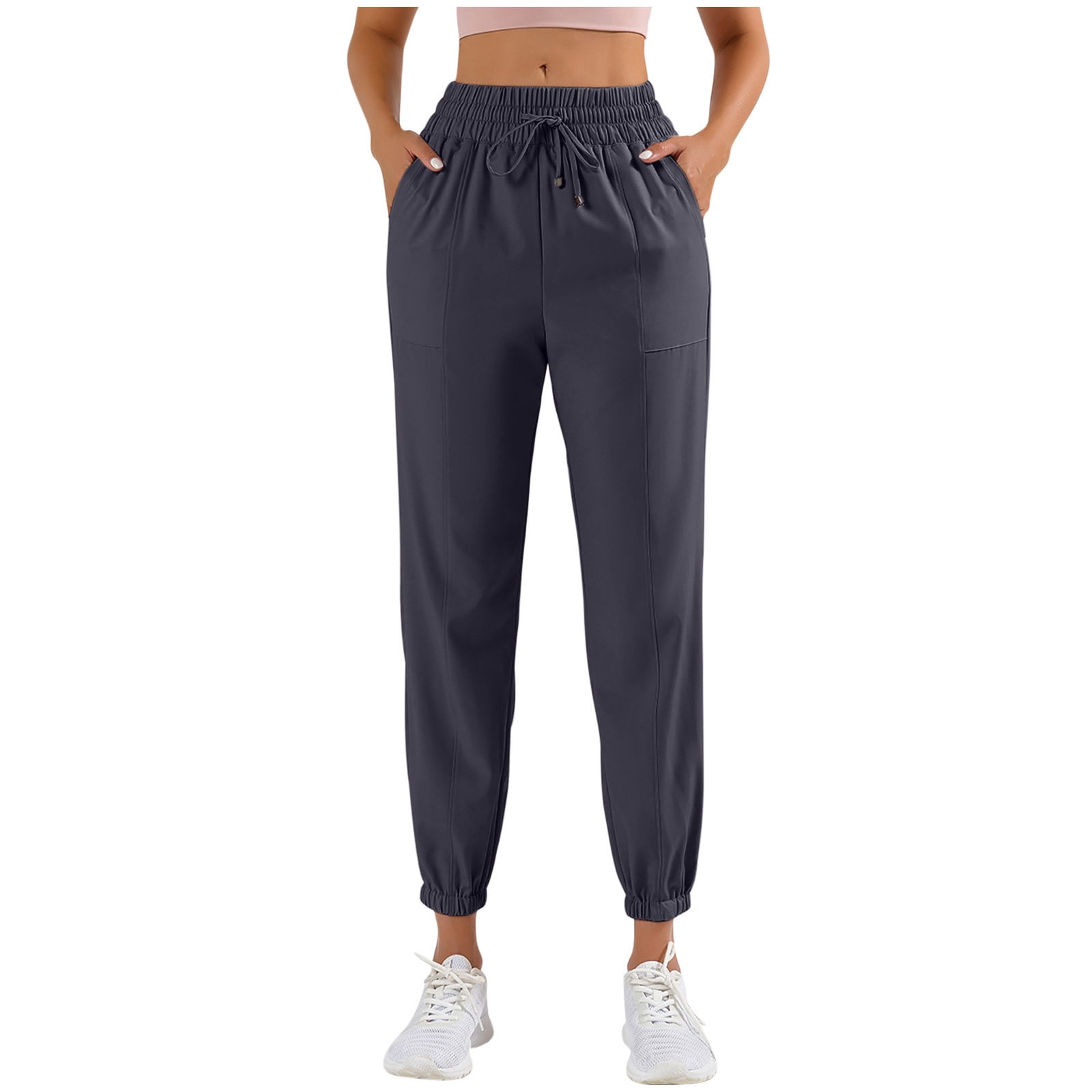 ZZwxWA Womens Work Pants 2PCS Solid Elastic Waist Pocket Cropped Pants ...