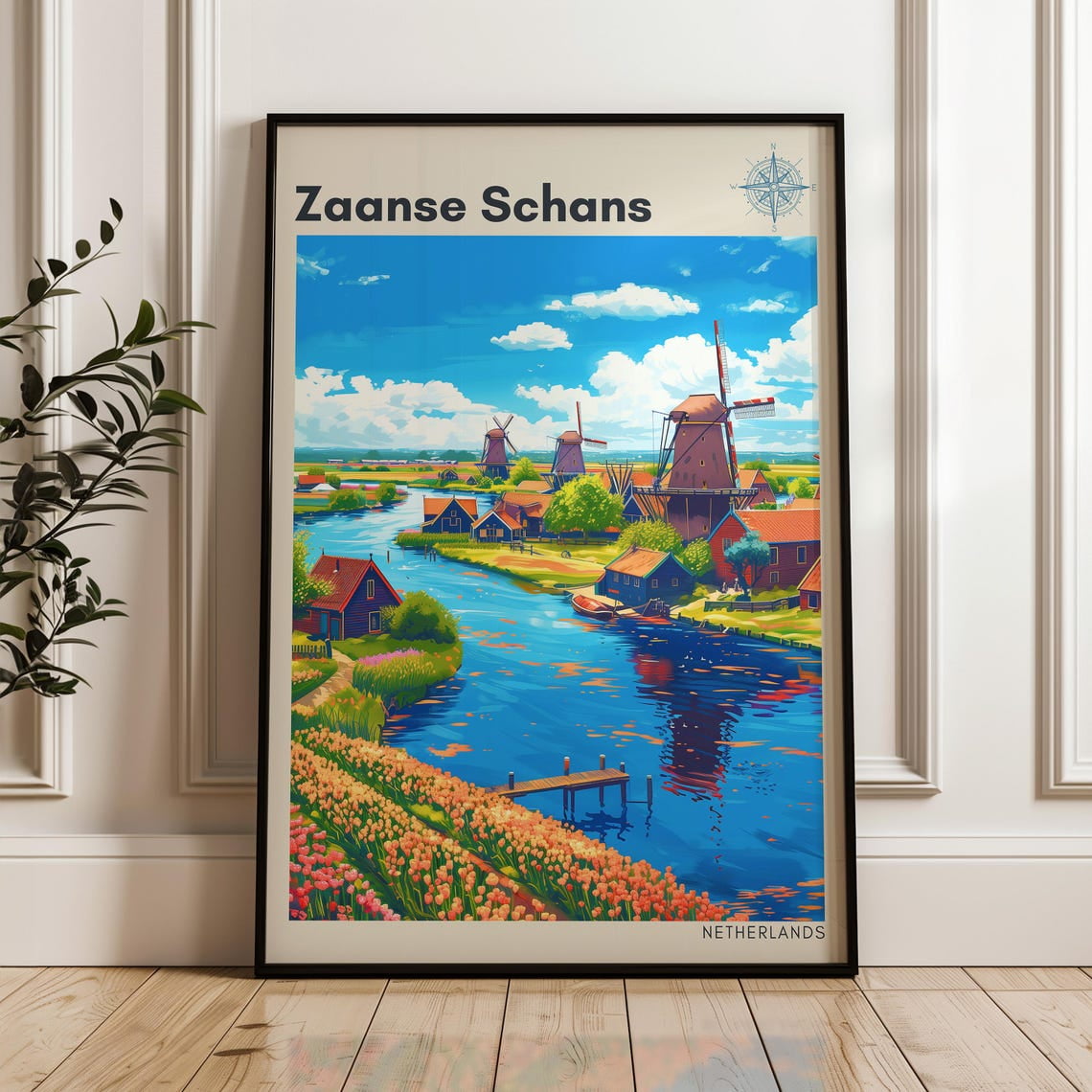 Zaanse Schans Travel Poster - Netherlands Wall Art Print, Illustration ...