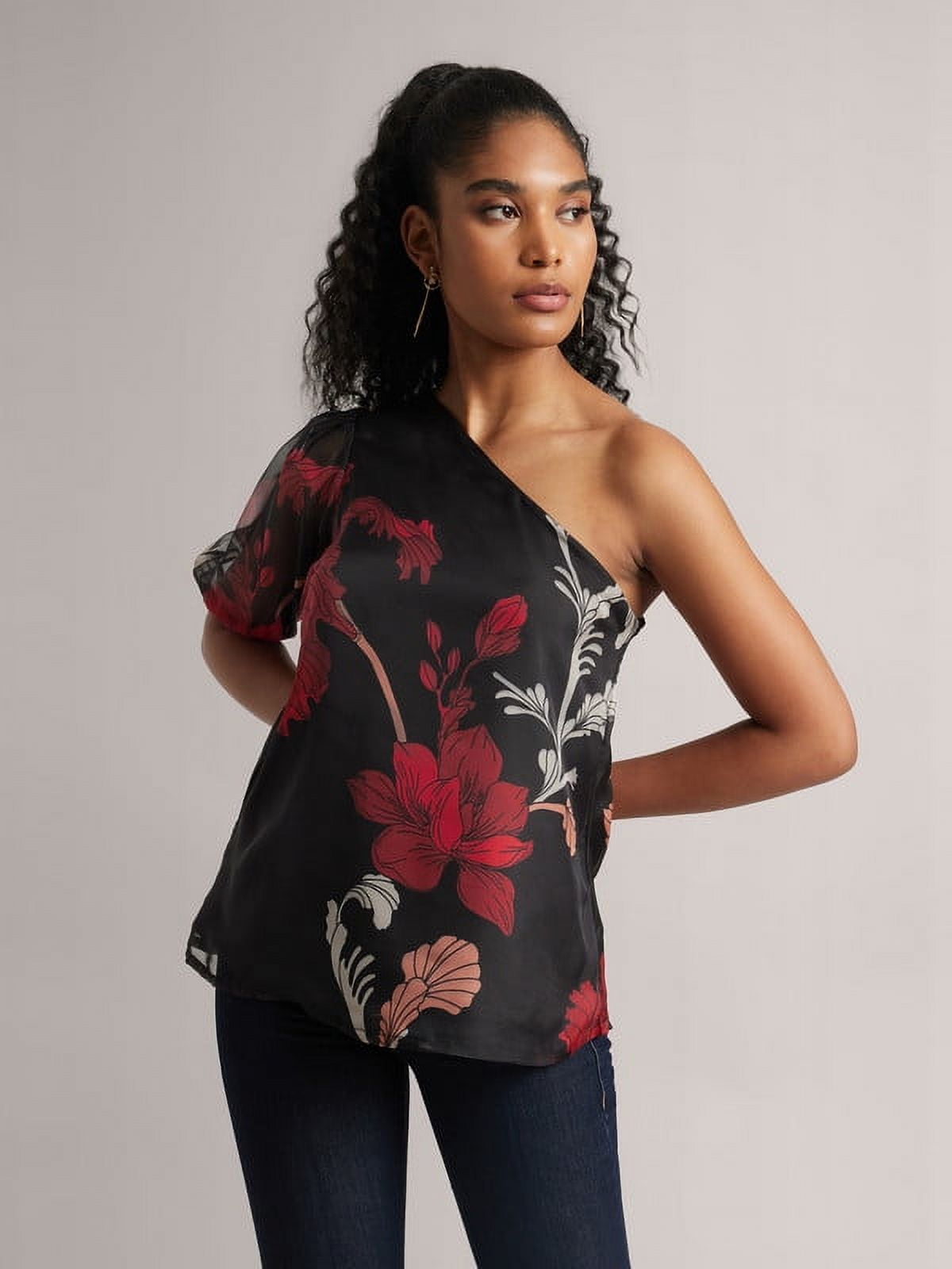Zaccai Women's Black Organza Floral One Shoulder Top - Walmart.com