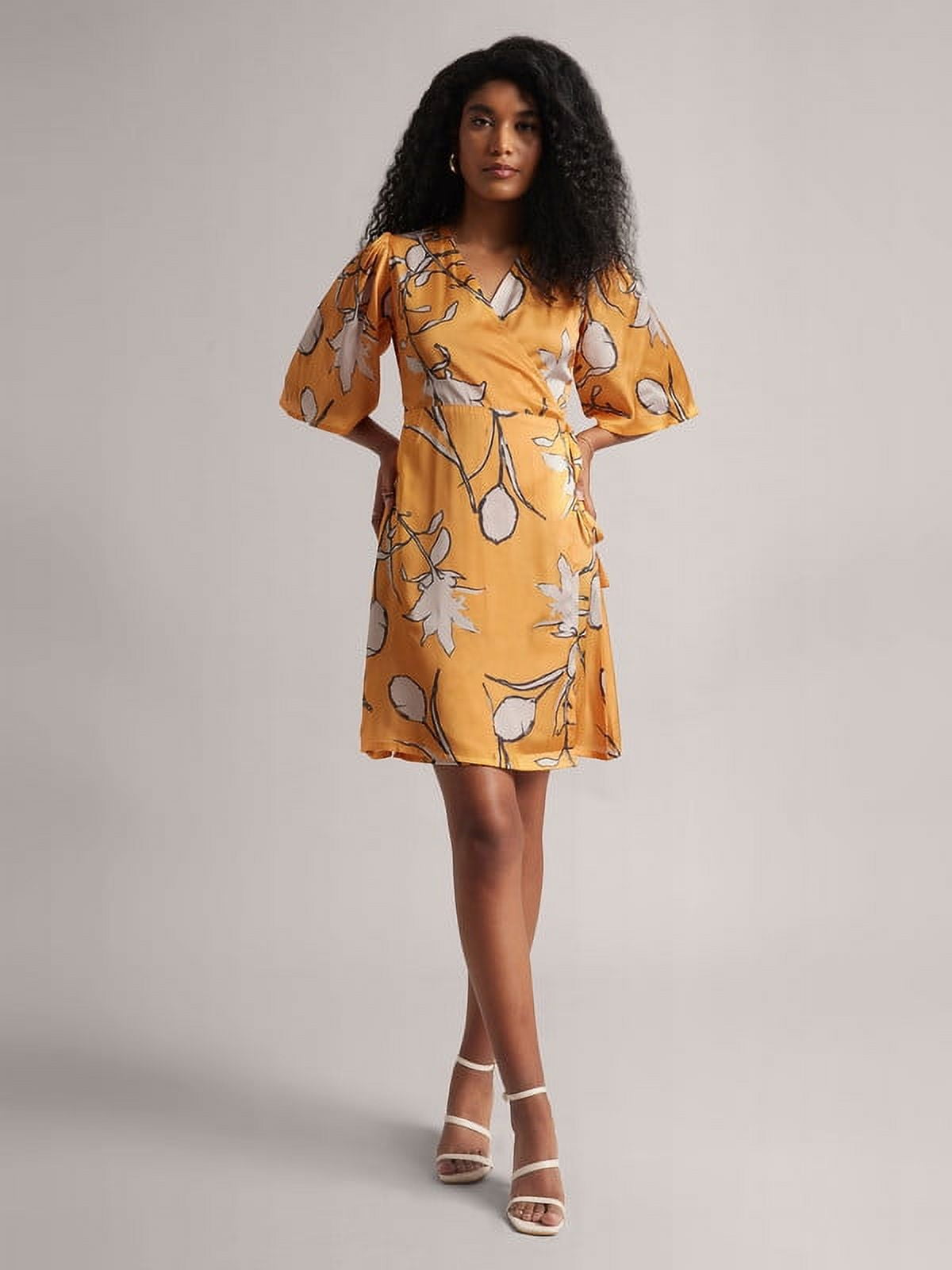 Zaccai Women's Mustard Satin Floral Wrap Dress - Walmart.com