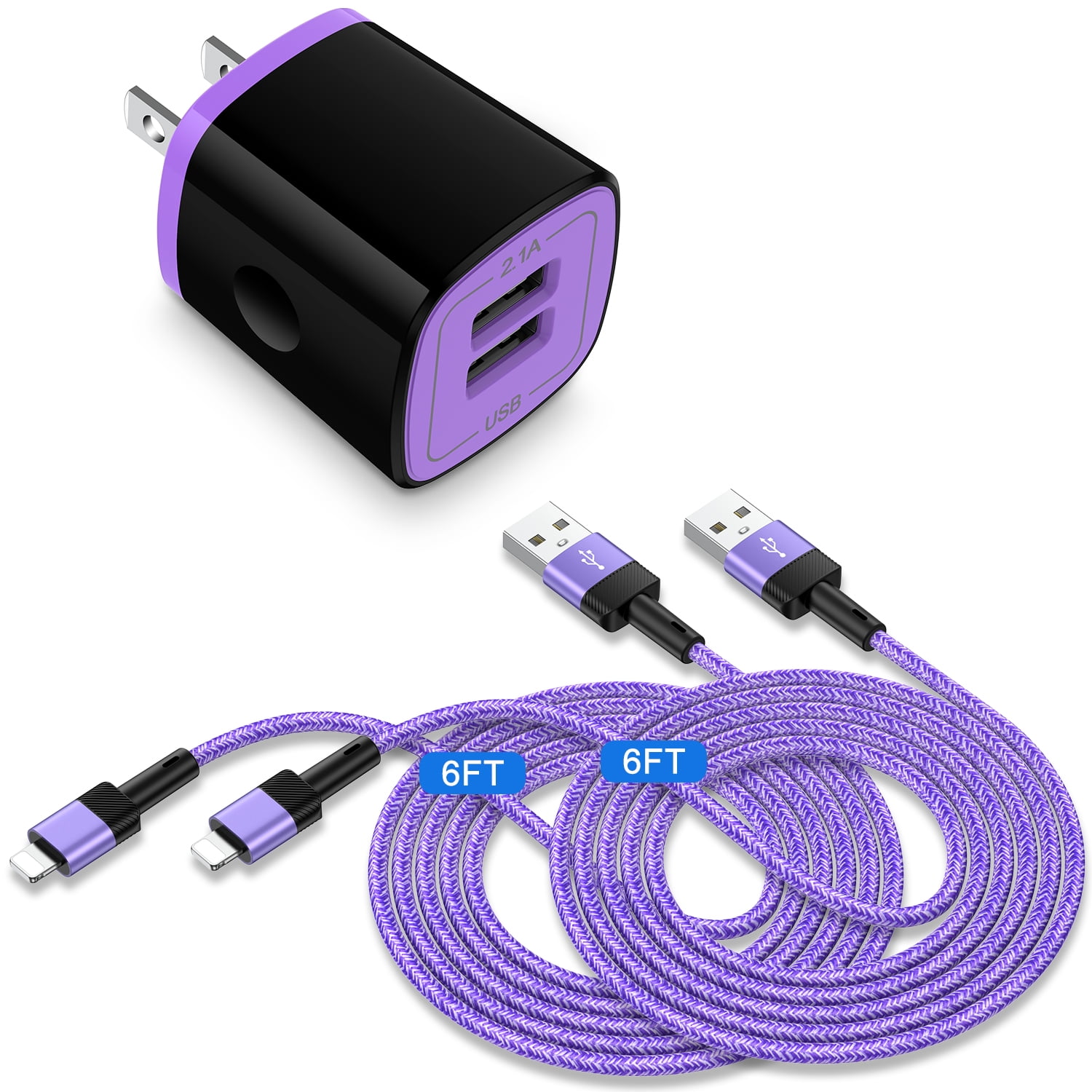 Zacenei USB Charger Block,2Pack iPhone Charger Cable Cords 6ft&1Pack 2 ...