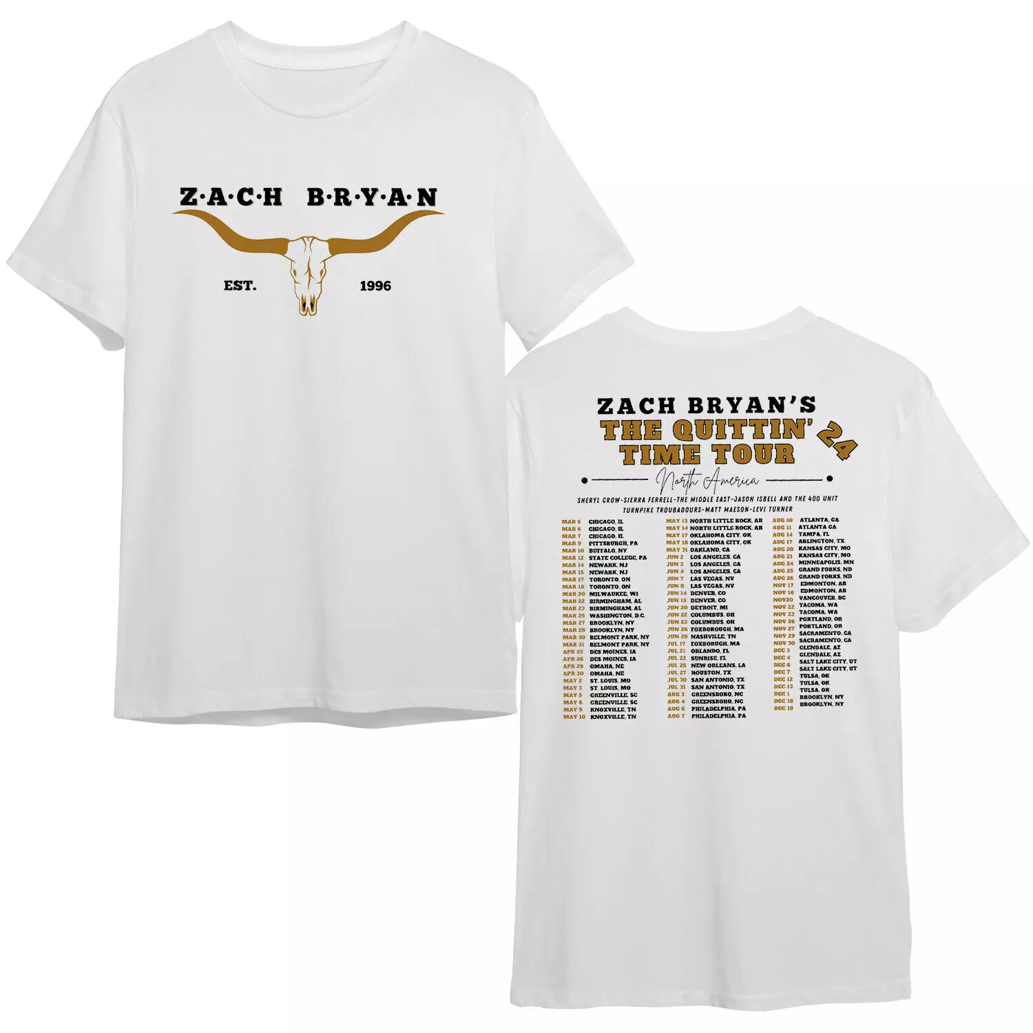 Zach Bryan The Quittin Time 2024 Tour White T-Shirt 2 side NL3006 - Walmart.com