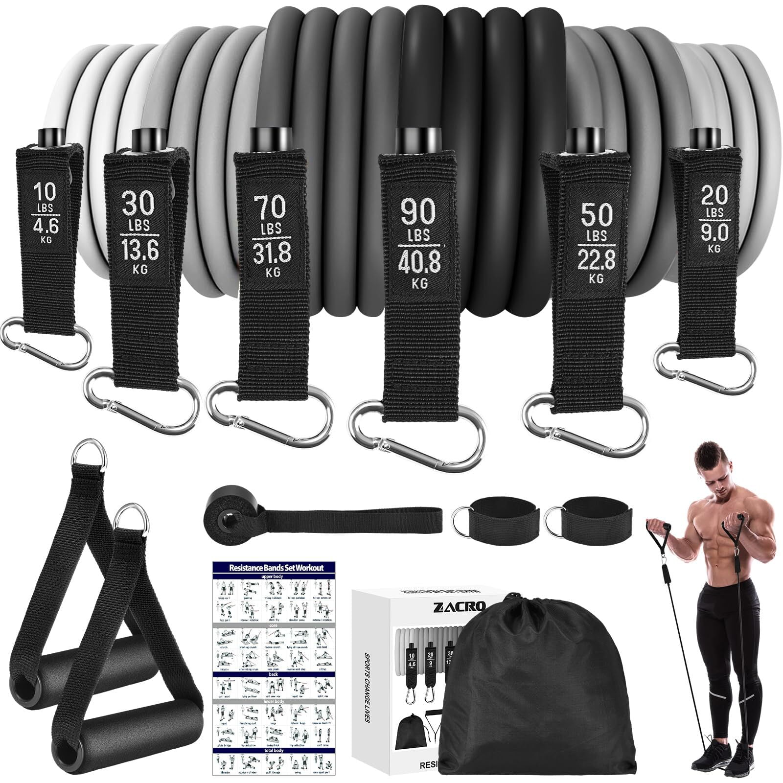 Zacro 270 lbs Heavy Resistance Bands Set with Handles, Door Anchor for ...