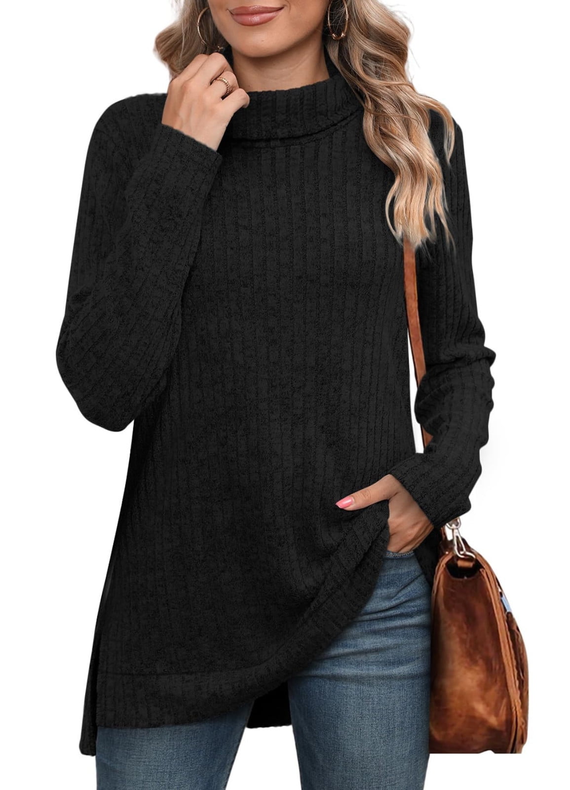 Zedker Womens Tunic Tops Turtleneck Long Sleeve Shirts Oversized Fall ...