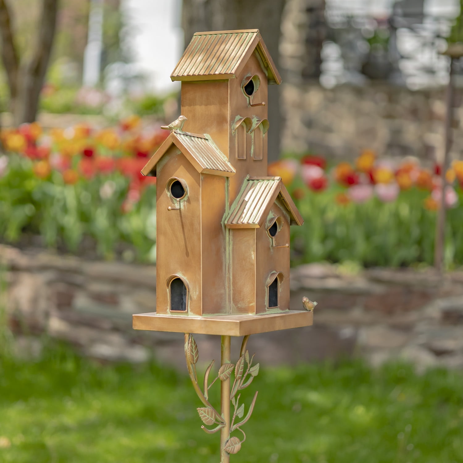 Zaer Ltd. Large Copper-Colored Multi-Birdhouse Stakes, Room for 4 Bird ...