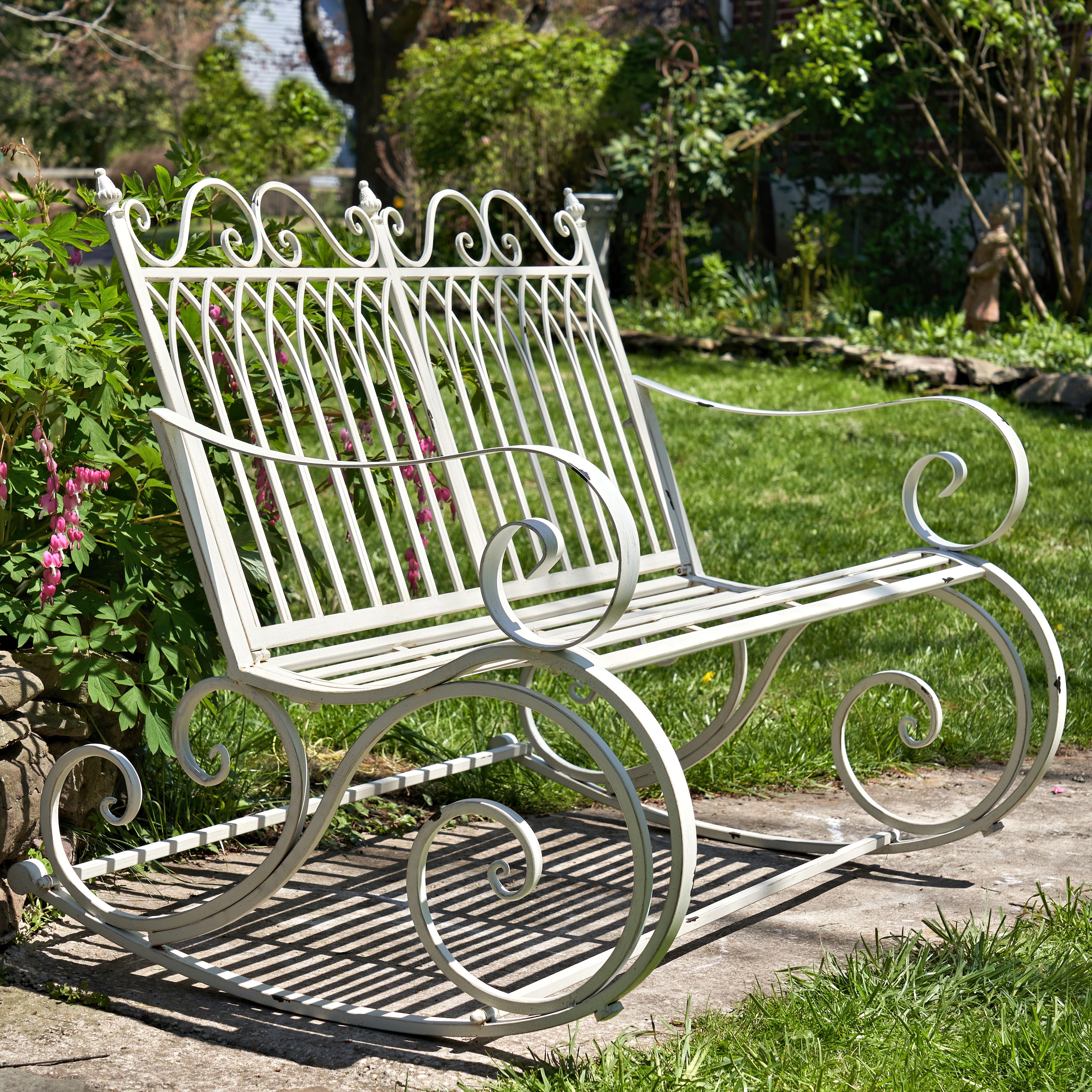 Zaer Ltd Metal Rocking Bench with Armrests - Antique White - Walmart.com