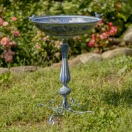 Esschert Design USA Ceramic Bird Bath on Pedestal with Bird, Teal ...