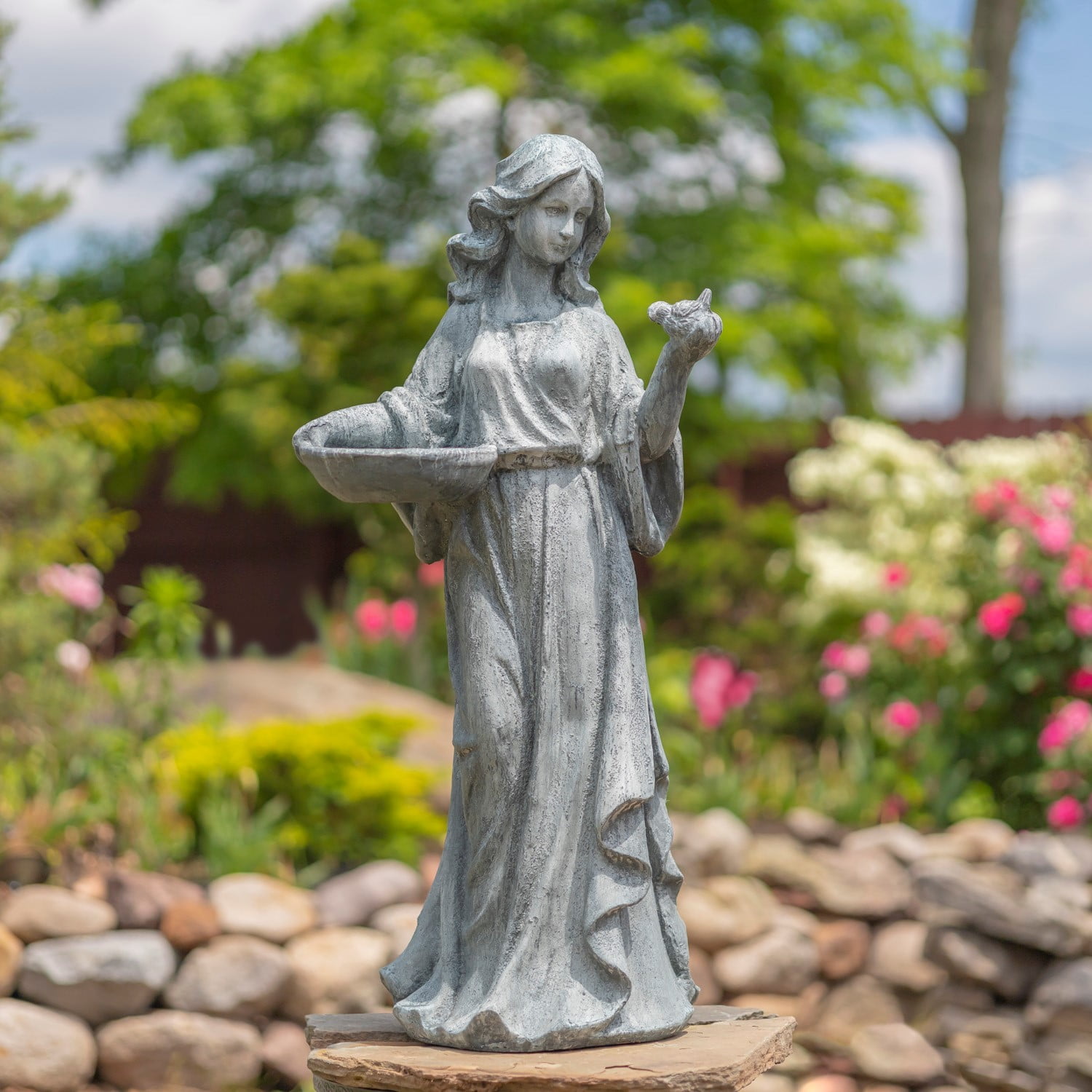Zaer ZR131740 38 in. Tall Standing Girl with Bird Holly Magnesium ...