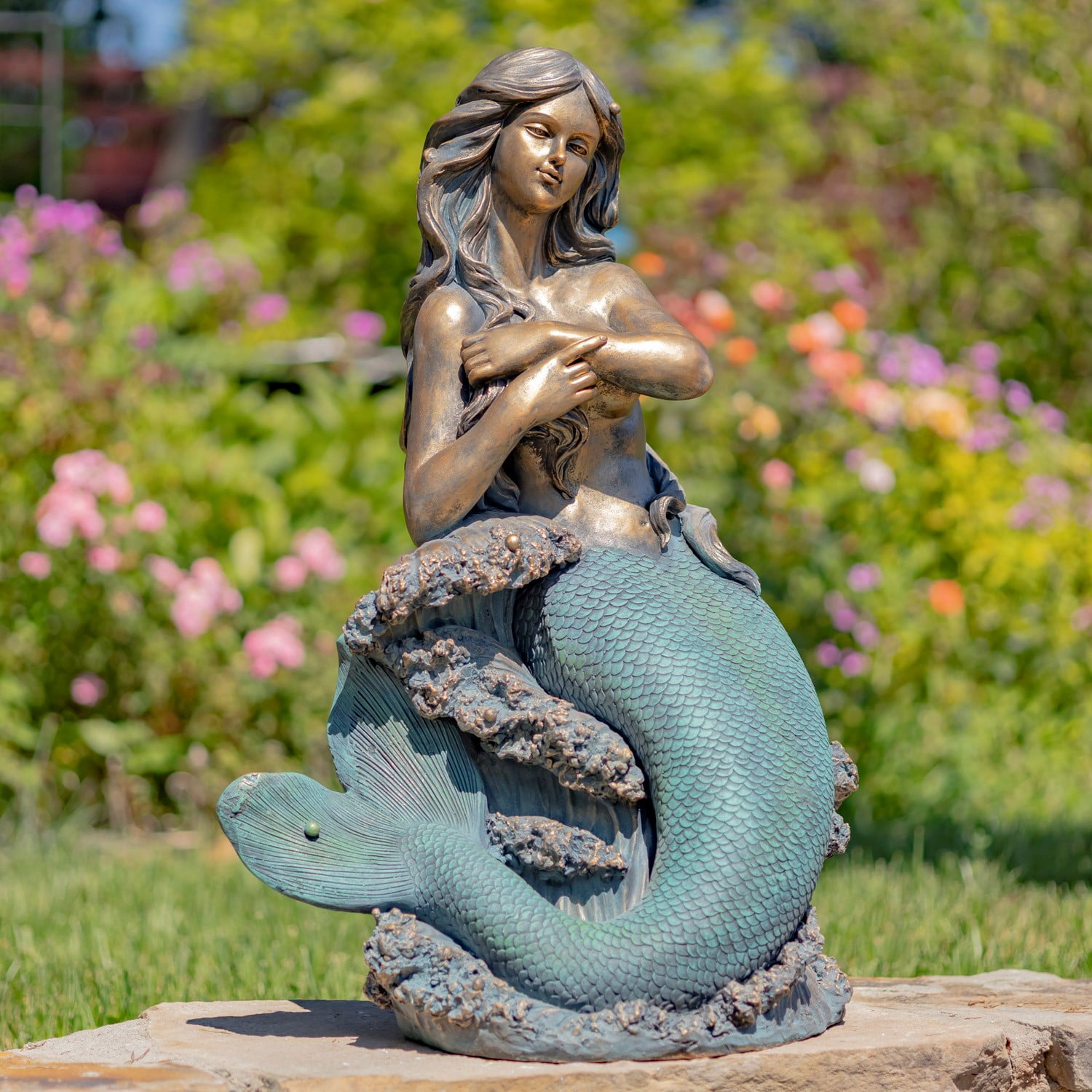 Zaer ZR340934-BZ 34 in. Tall Mermaid Sitting on Rock Garden Statue ...