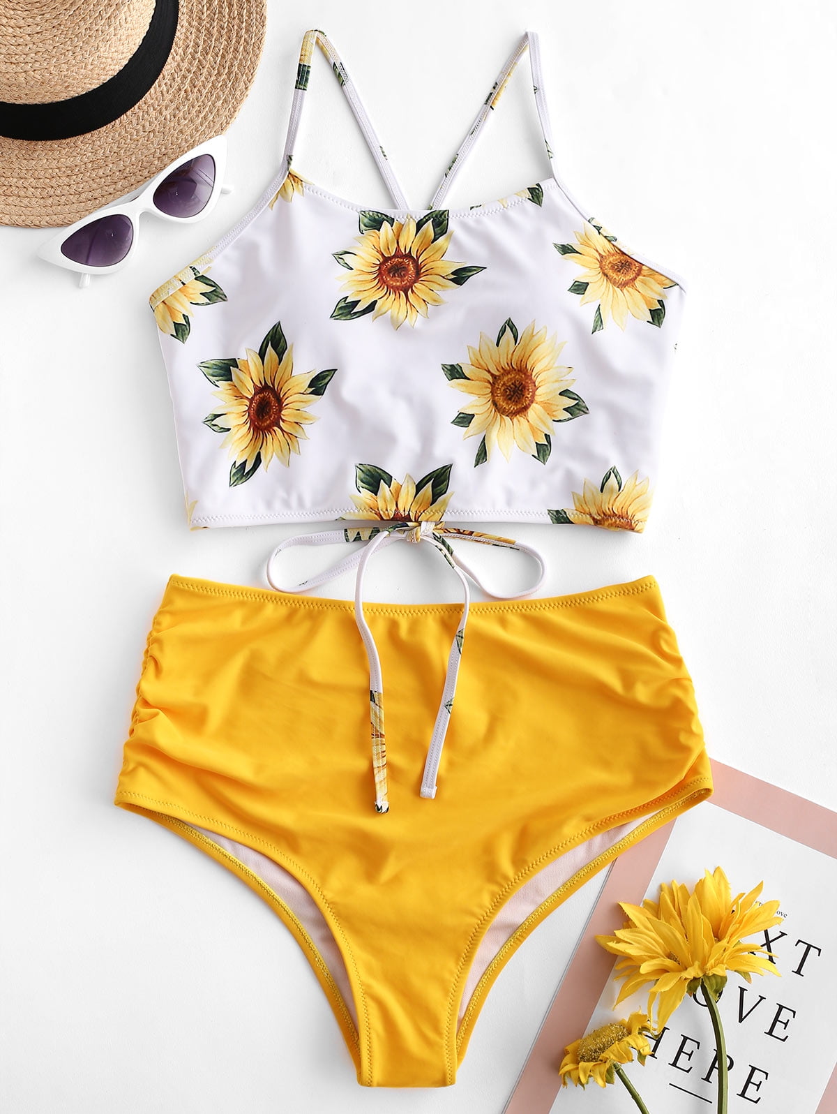 Zaful for Women Sunflower Lace-up High Waisted Tankini Set Bright ...