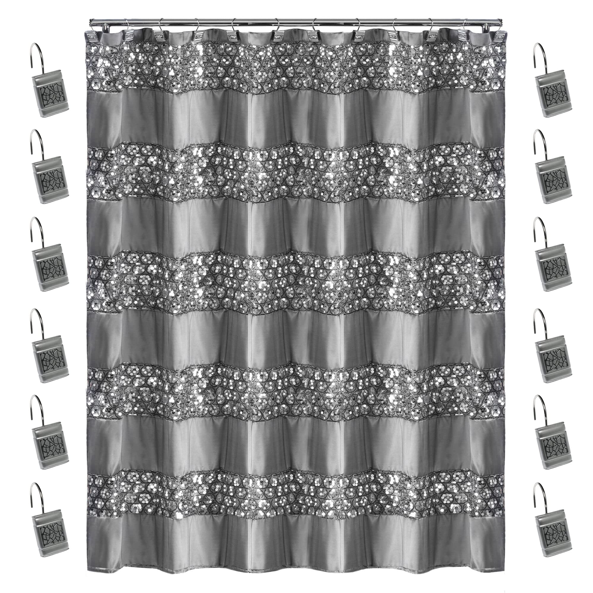 Zahari Home 13pc Sinatra Bathroom Shower Curtain Set, Silver, 12 Hooks ...