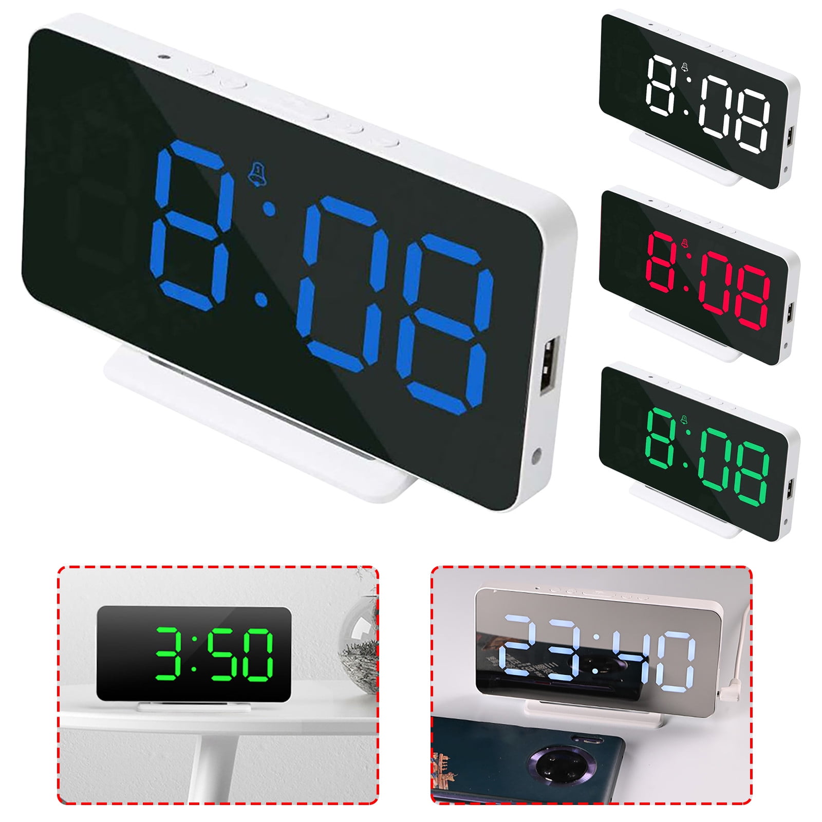 Zainafacai Alarm Clock Large Screen Led Mirror Clock Usb Charging ...