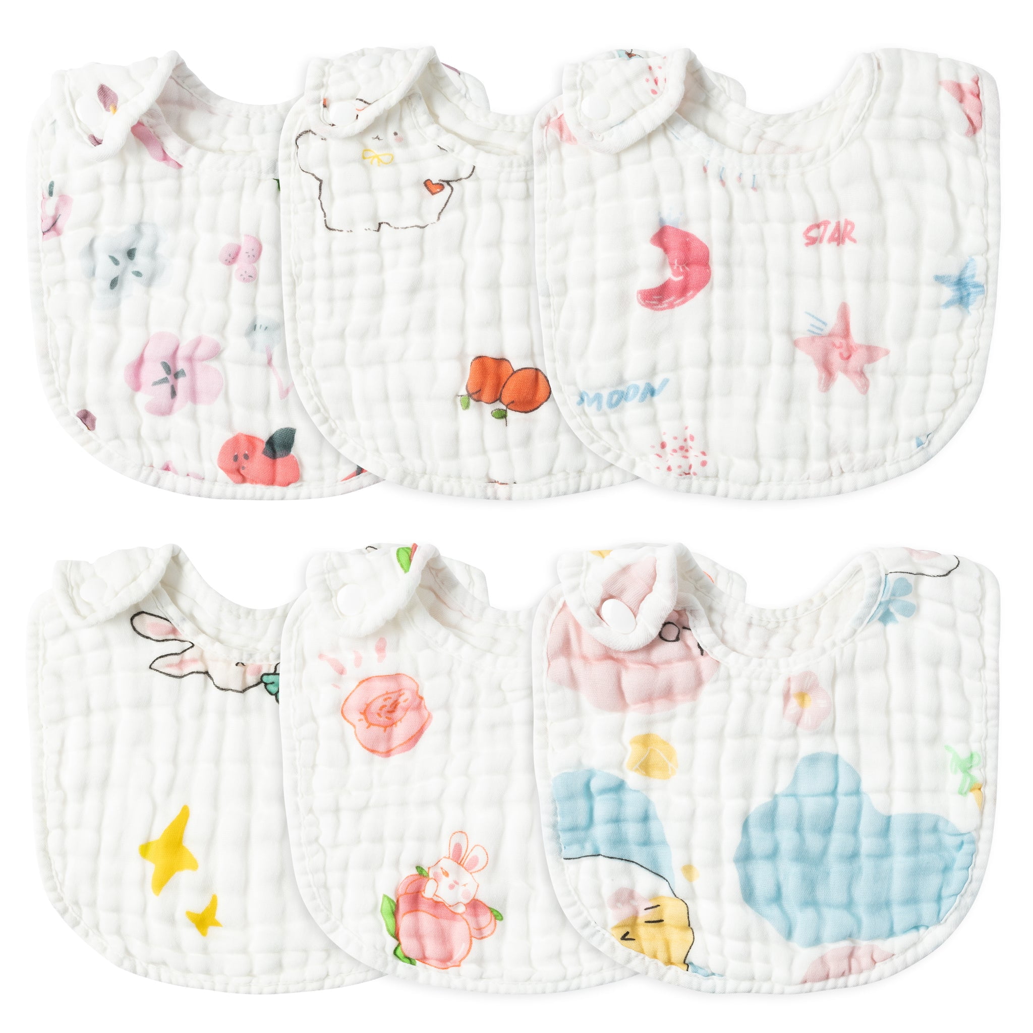 Zainpe 6Pcs Snap Muslin Cotton Baby Bibs Star Cat Rabbit Pattern ...
