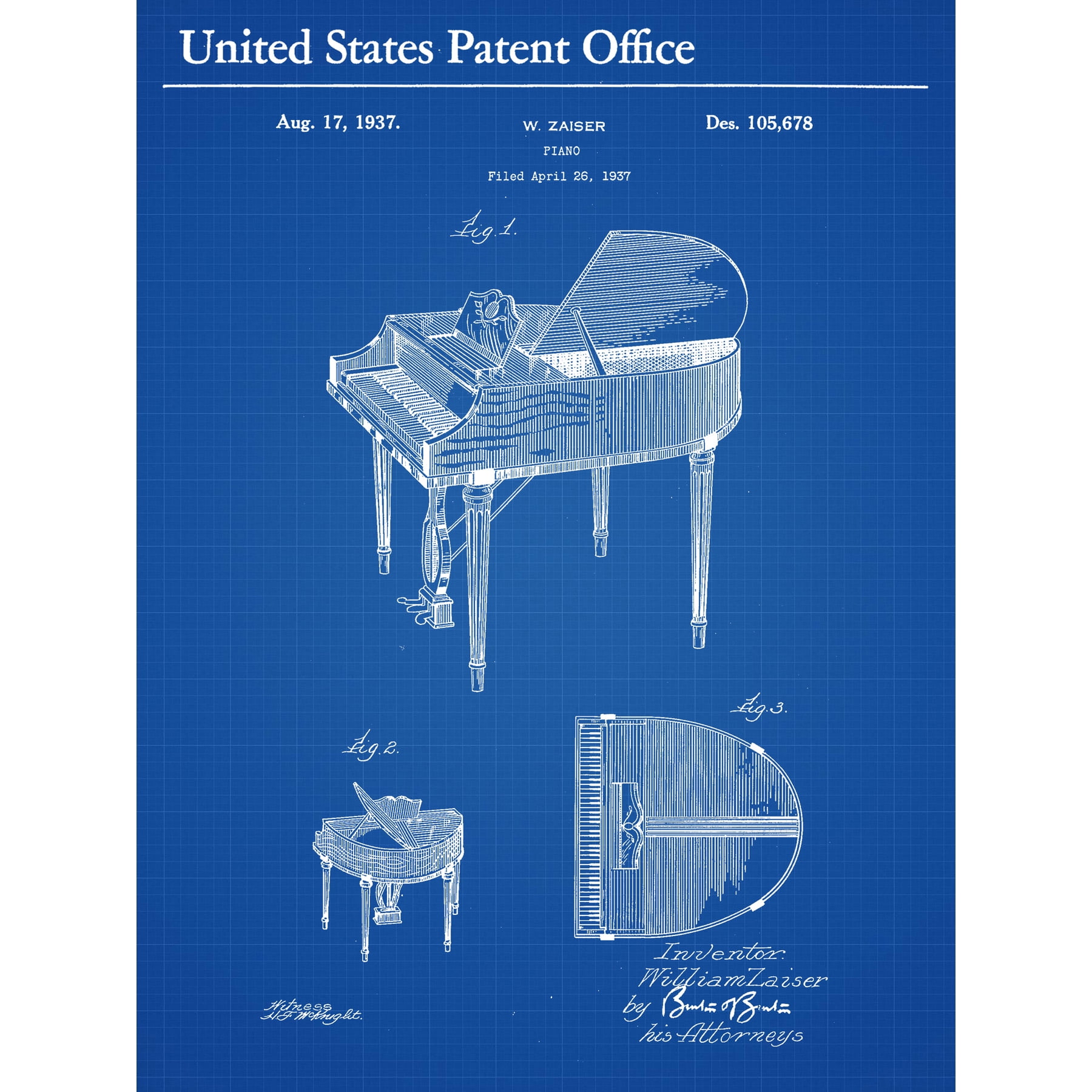 Zaiser Wurlitzer Piano 1937 Classic Music Patent Extra Large XL Wall ...