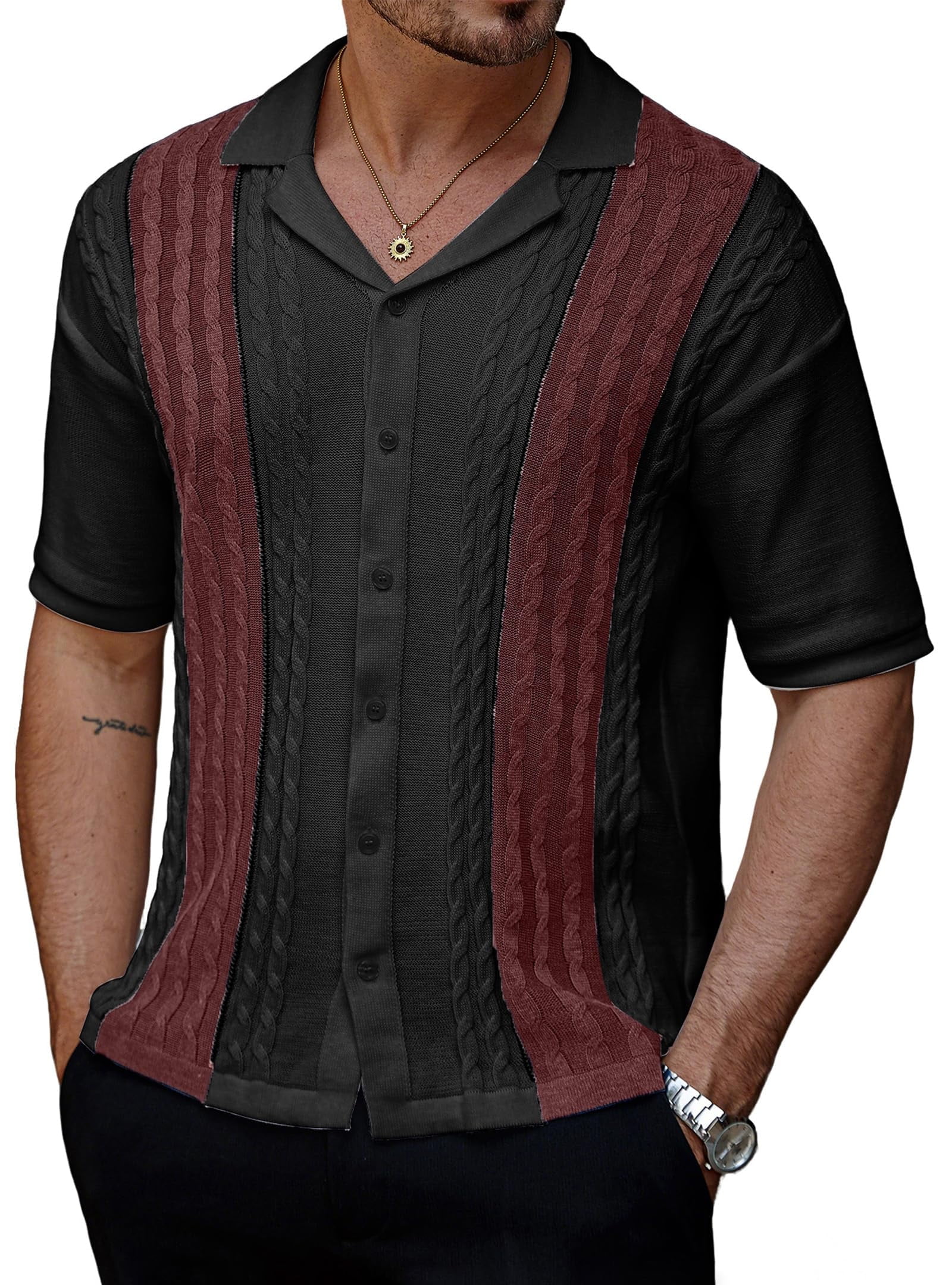 Zaitun Men's Knit Shirts Short Sleeve Vintage Cuban Collar Button Down with Crochet Cable Design ...